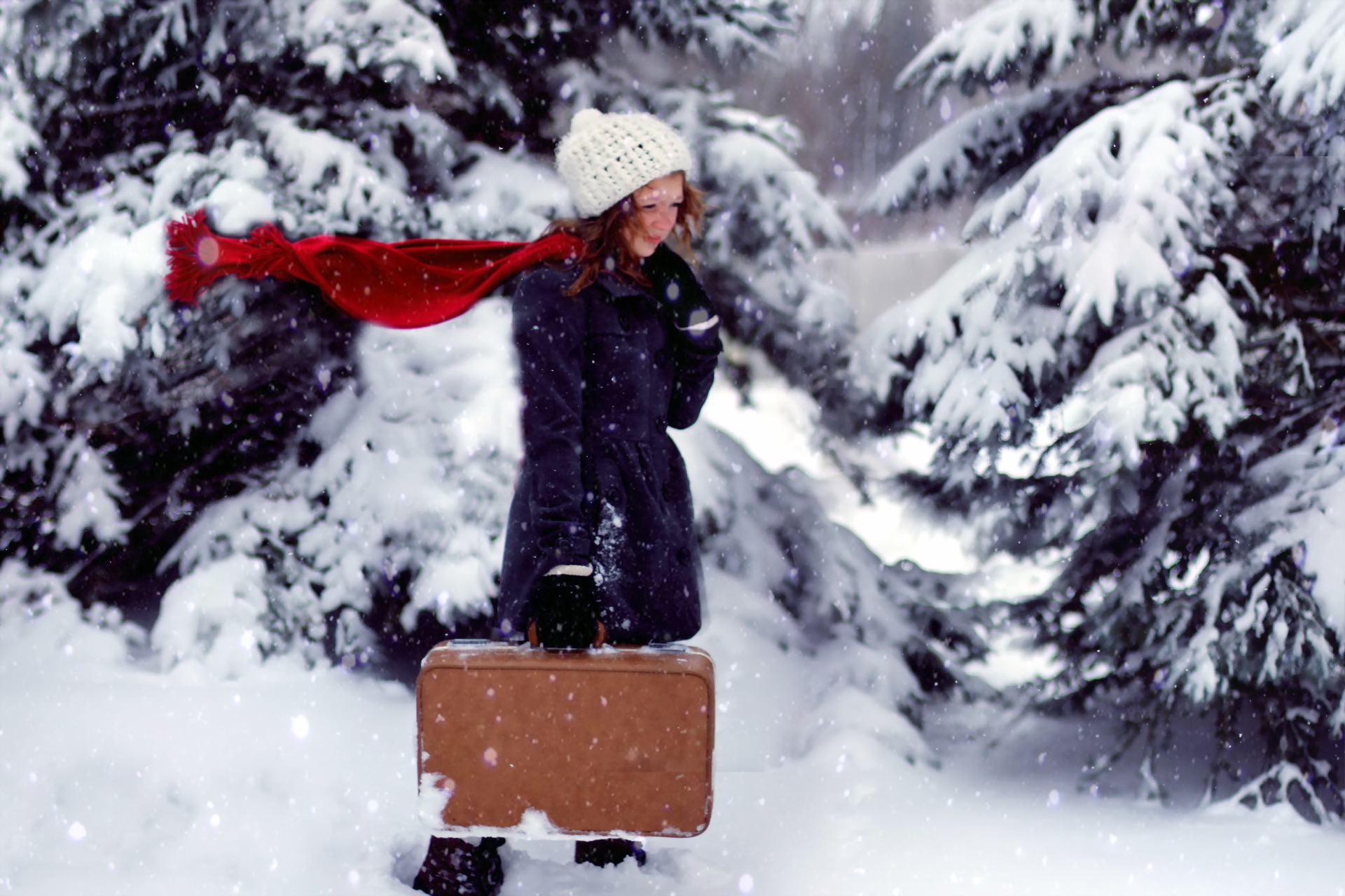 Winter Wanderer: A Woman’s Moody Escape in Snowy Serenity HD Wallpaper
