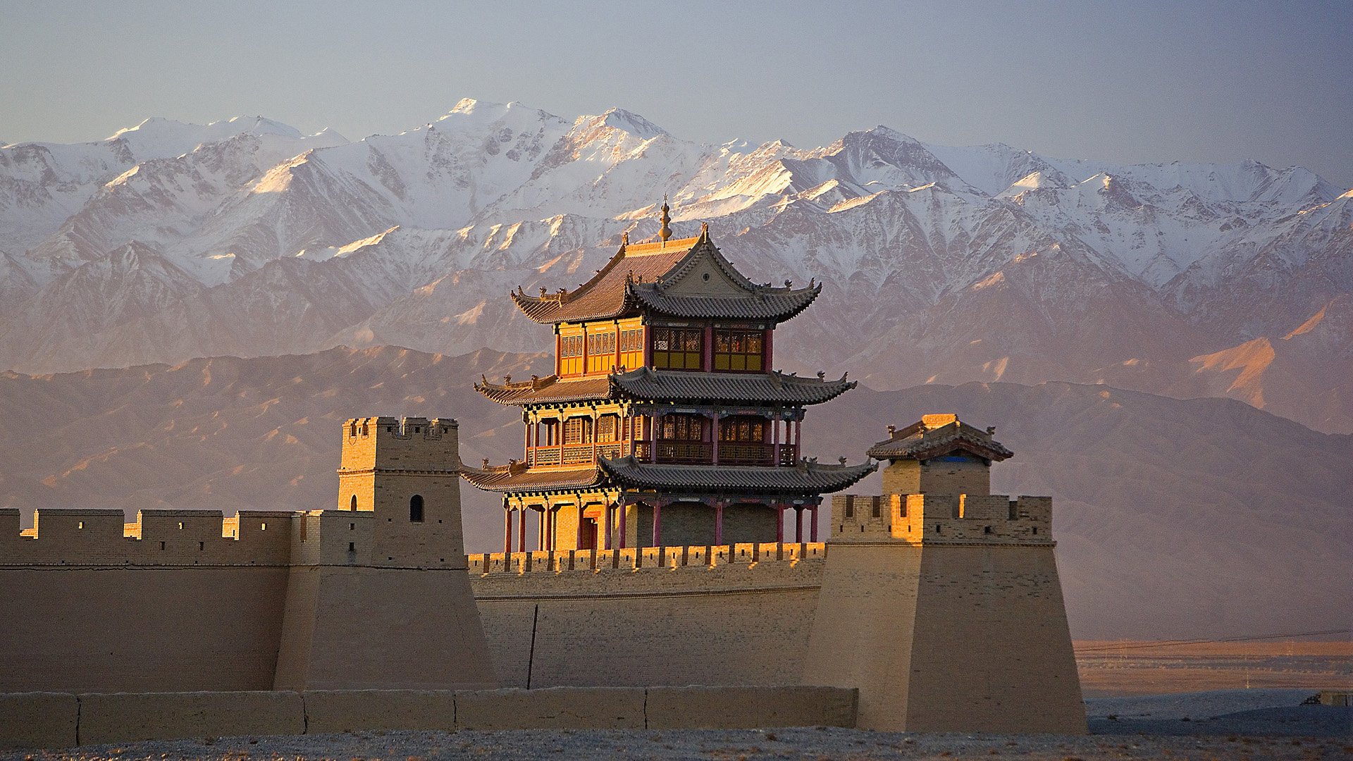 Jiayu Pass: Majestic Man-Made Marvel Against Snowy Peaks – HD Wallpaper