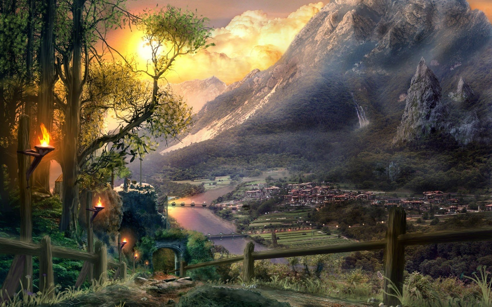 Serene Fantasy Village: An Enchanting HD Wallpaper