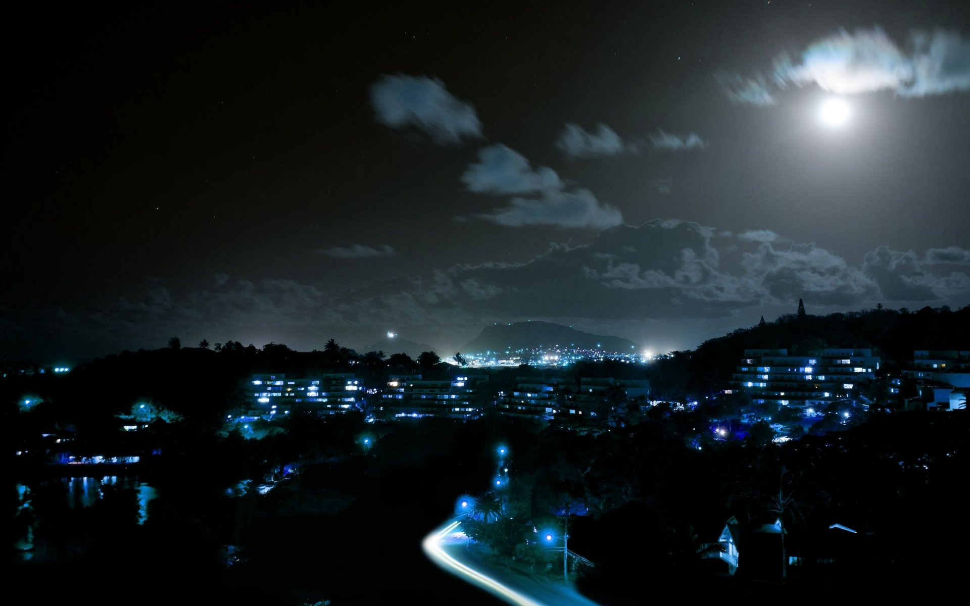 City Lights Under a Moonlit Night — HD Urban Elegance Wallpaper ...