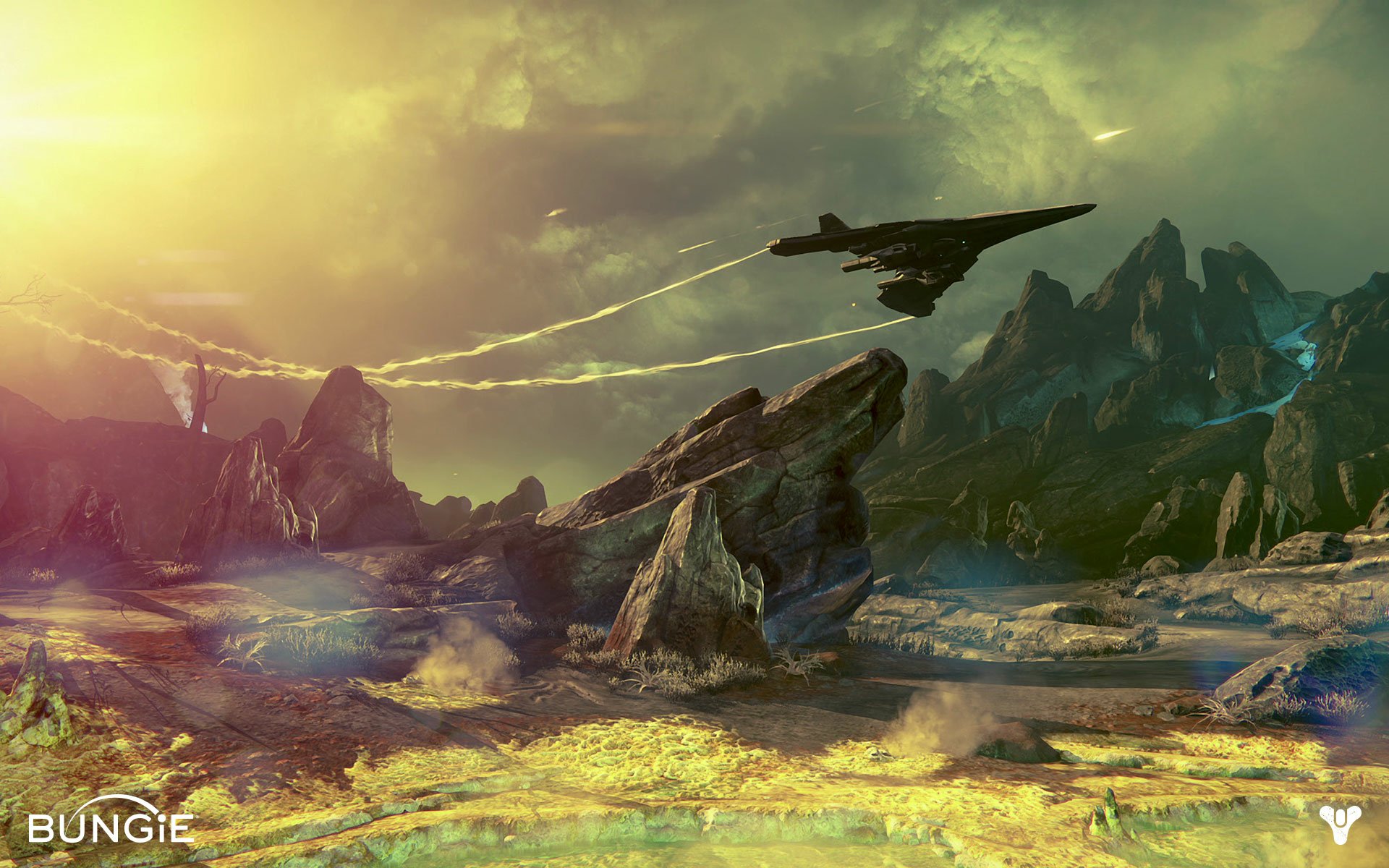 Destiny HD Wallpaper: Epic Sci-Fi Battle Over Alien Terrain
