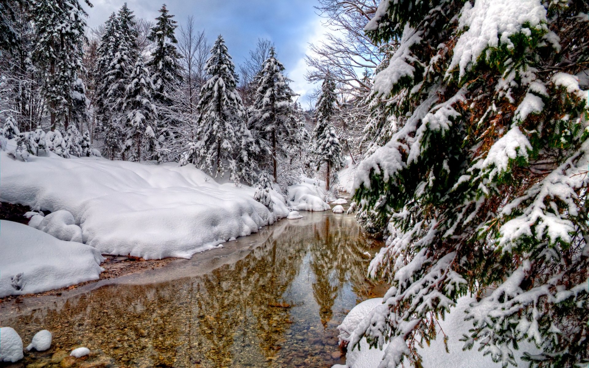 Winter Stream: Serene Snow-Covered Forest HD Wallpaper