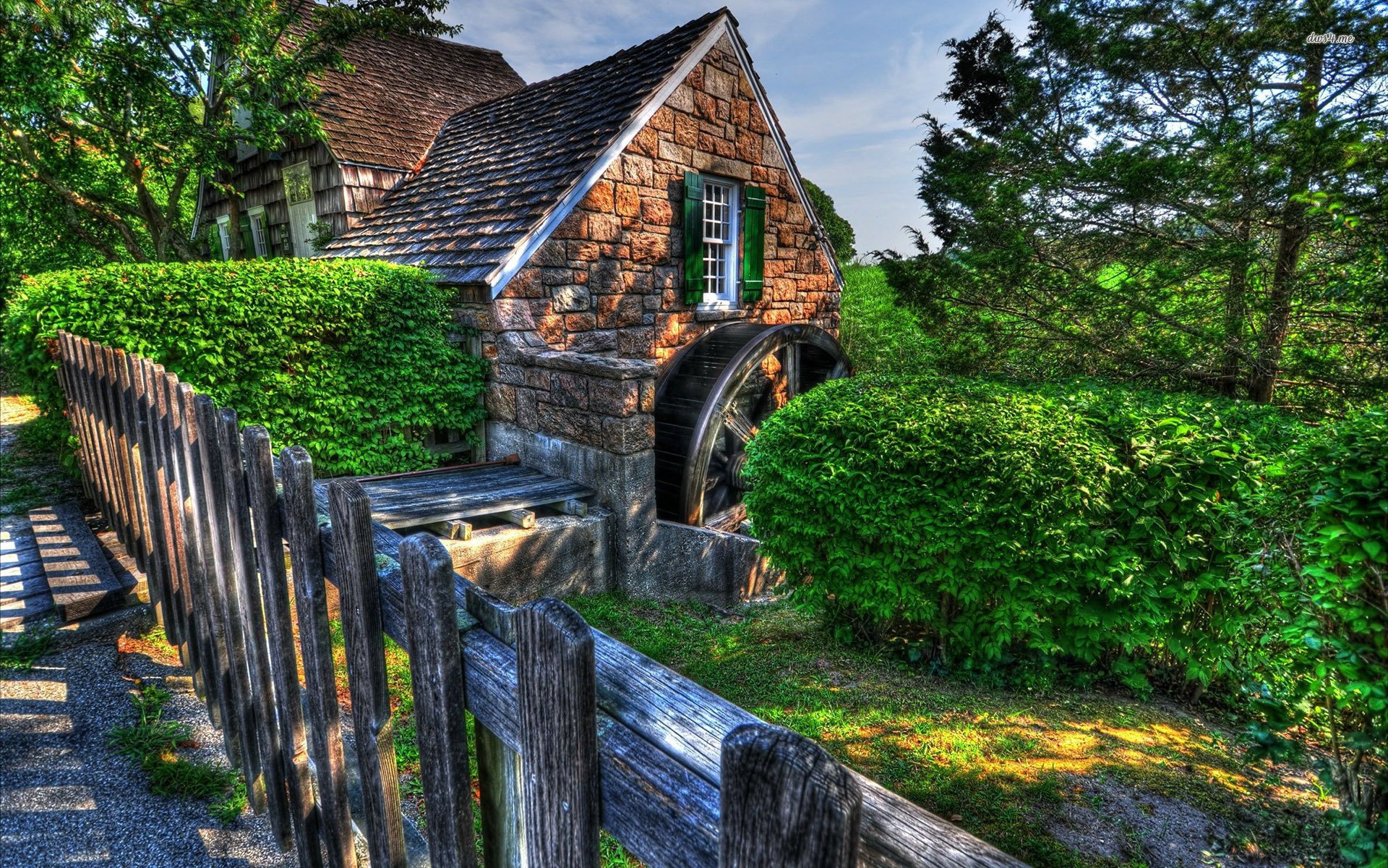 Rustic Watermill Serenity: HD Man-Made Landscape Wallpaper