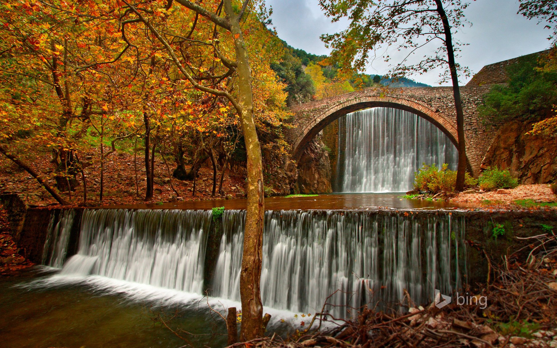 Serene Autumn Waterfall and Stone Bridge HD Wallpaper by Hercules Milas