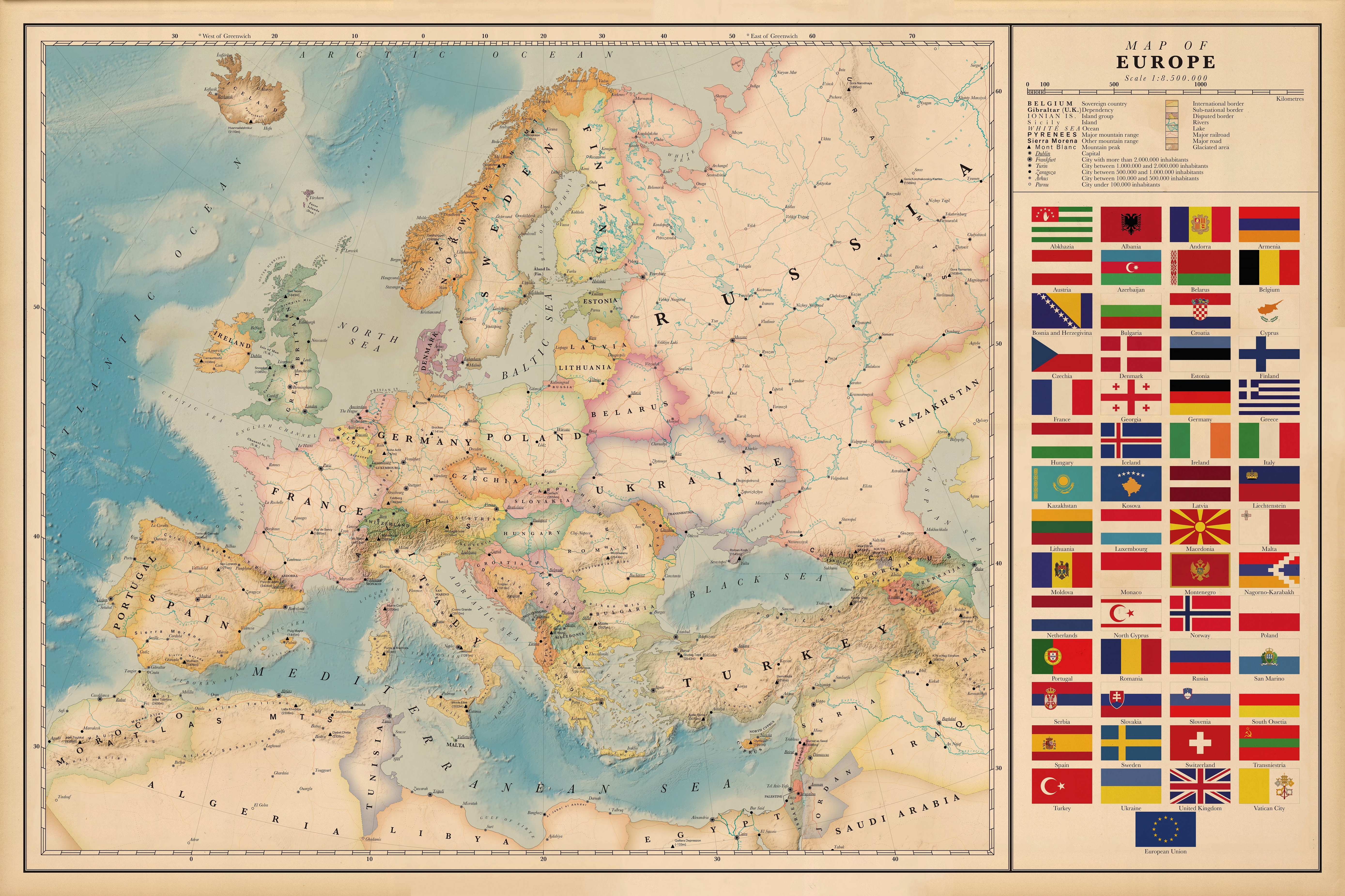 4K Ultra HD Vintage Europe Map with Flags – Detailed Miscellaneous Wall Art