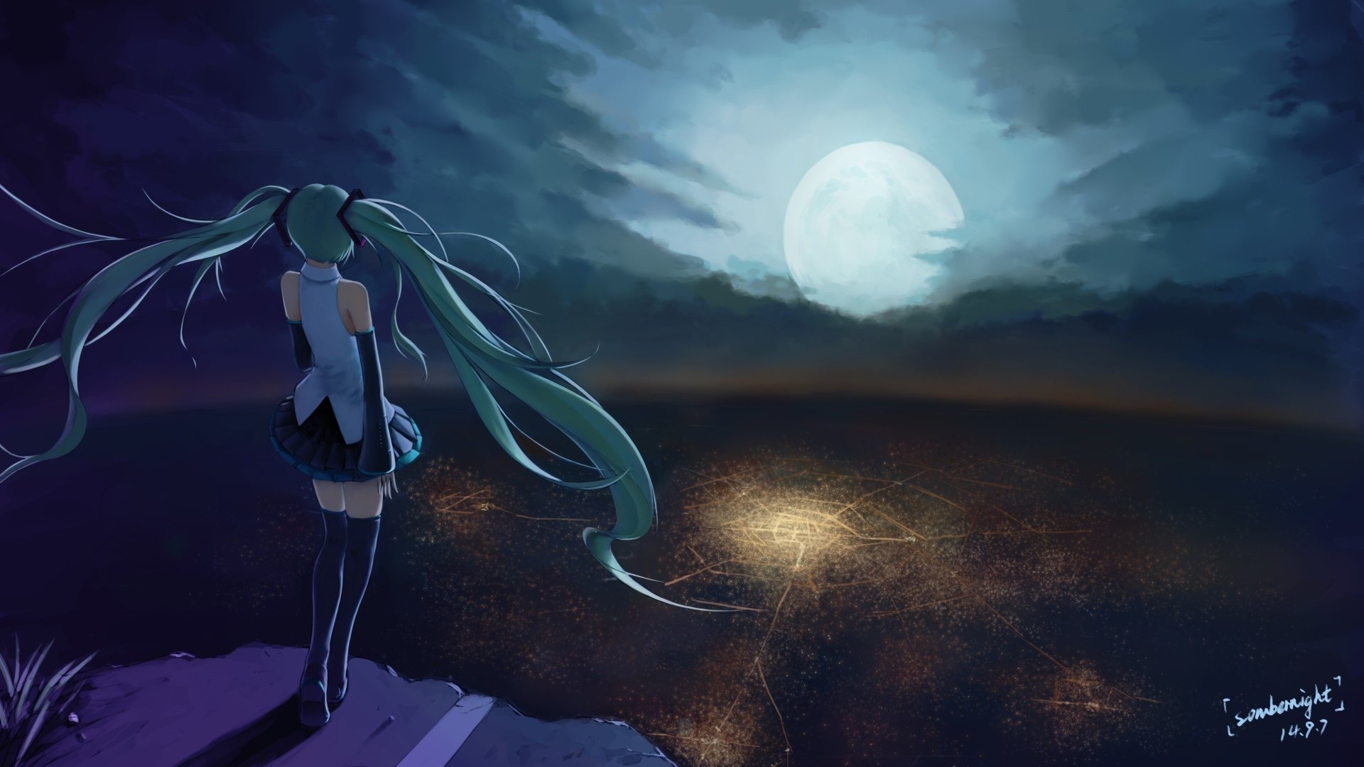 Hatsune Miku Vocaloid HD: Moonlit Night Anime Dreamscape Wallpaper