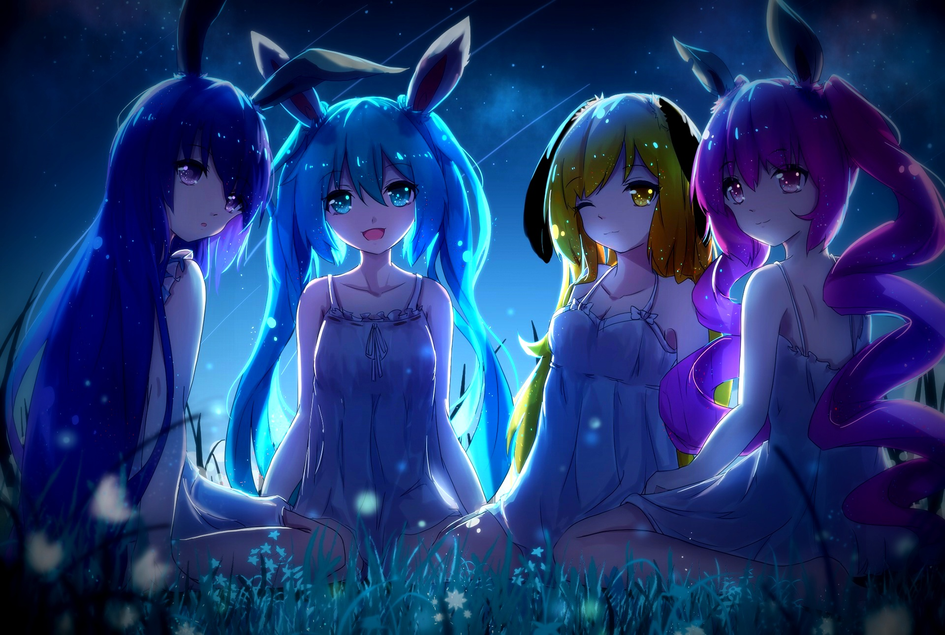 Enchanting Night: HD Anime Wallpaper of Four Original Characters by あさひ