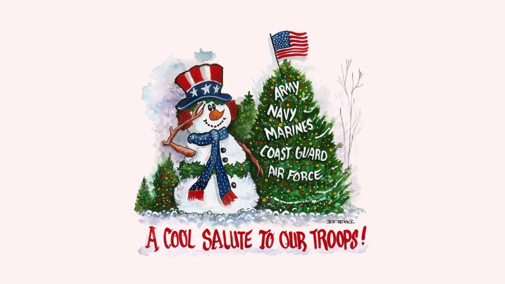 Holiday Salute: Military Snowman and Christmas Tree Tribute in HD Wallpaper