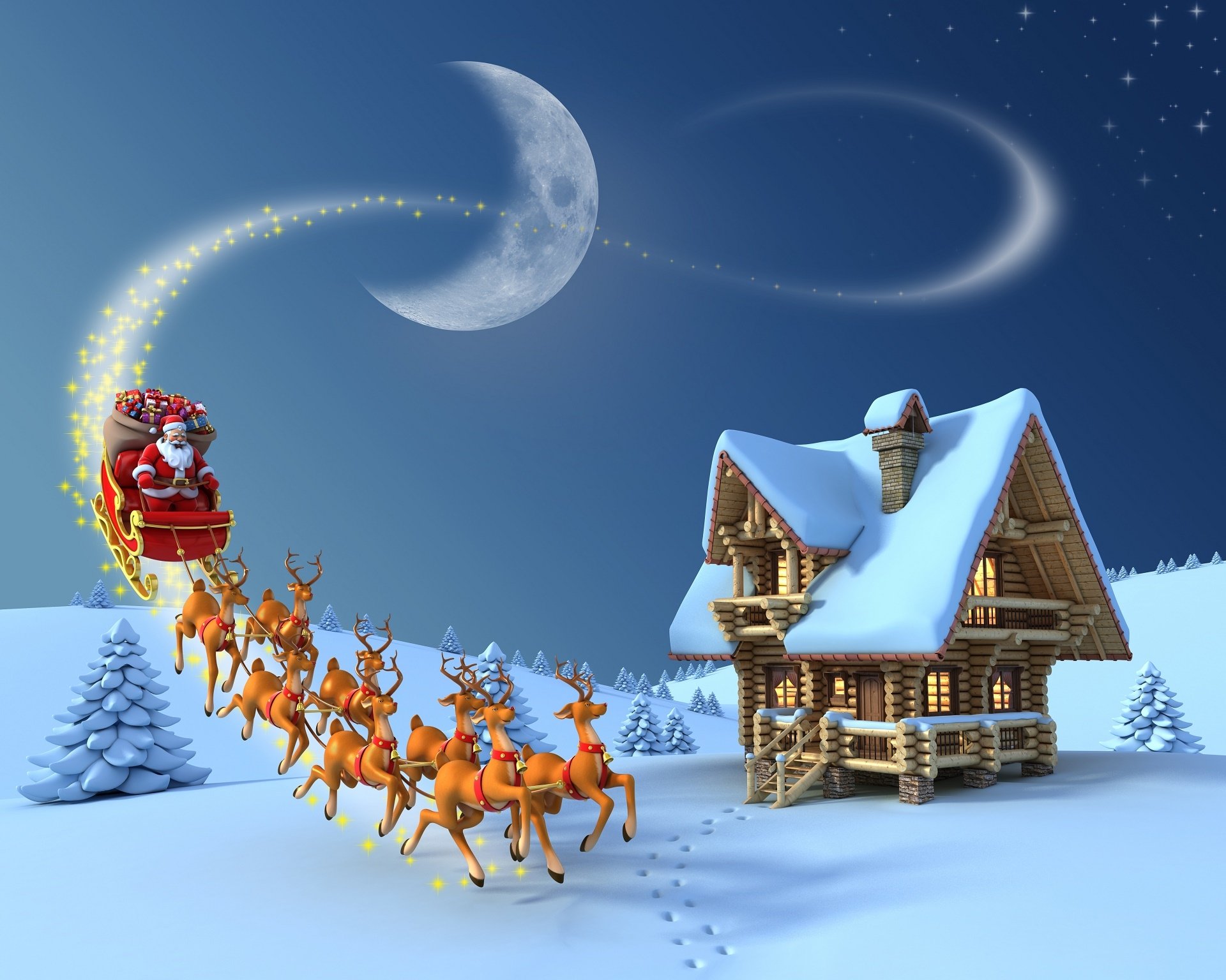 Magical Christmas Eve: HD Wallpaper of Santa and Reindeer Under the Moon