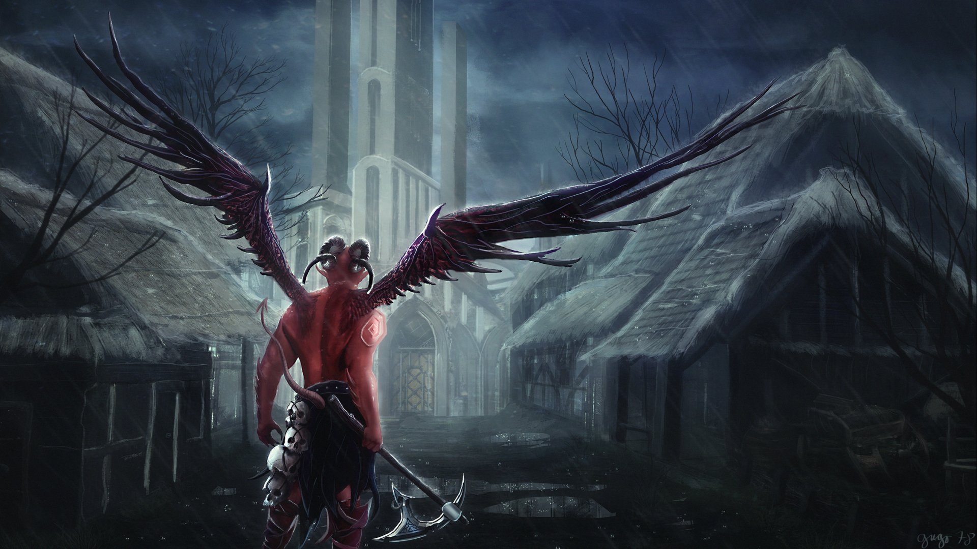 Nightfall Demon Warrior with Wings and Weapon Over Haunted Town by gugo78