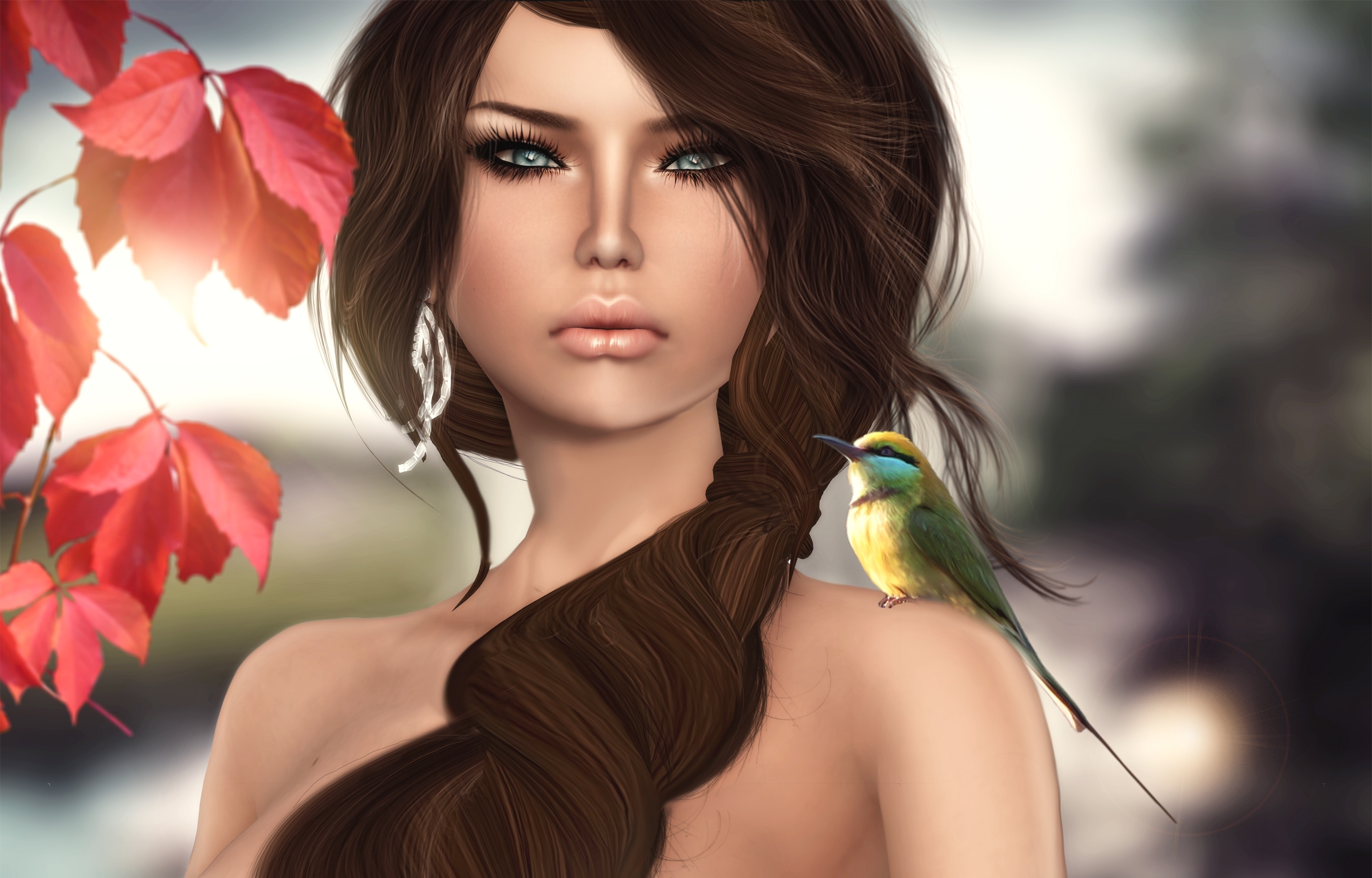 Download Leaf Bird Blue Eyes Braid Brunette Fantasy Woman HD Wallpaper