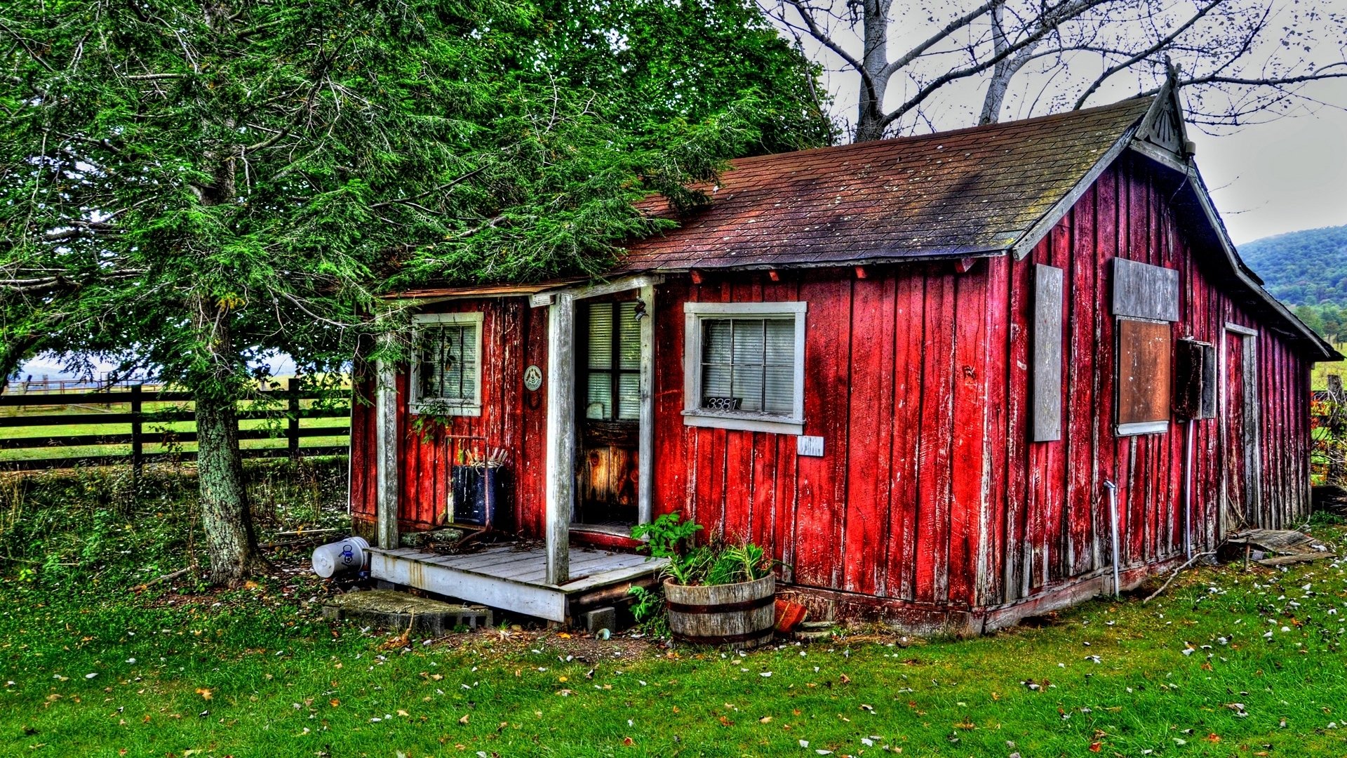 Rustic Red Shack HDR: Cozy Countryside Retreat Under the Tree