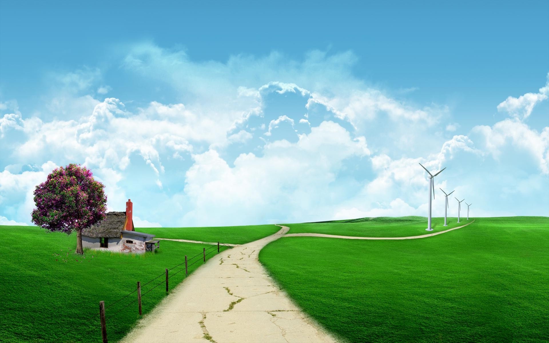Download Wind Turbine Tree House Field Road Fantasy Artistic Digital ...