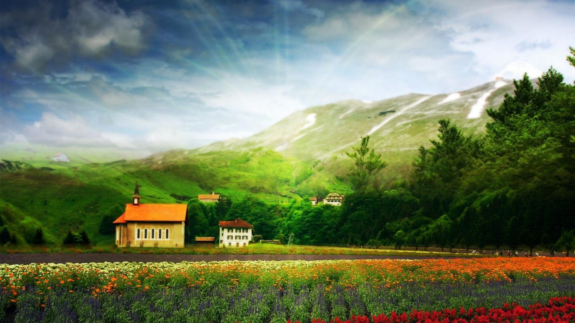 Download Tree Mountain Flower Field House Church Man Made Village HD ...