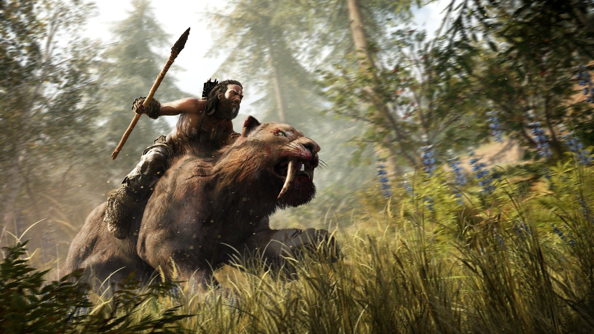 Far Cry Primal HD: Saber-Toothed Tiger Warrior in Action Wallpaper