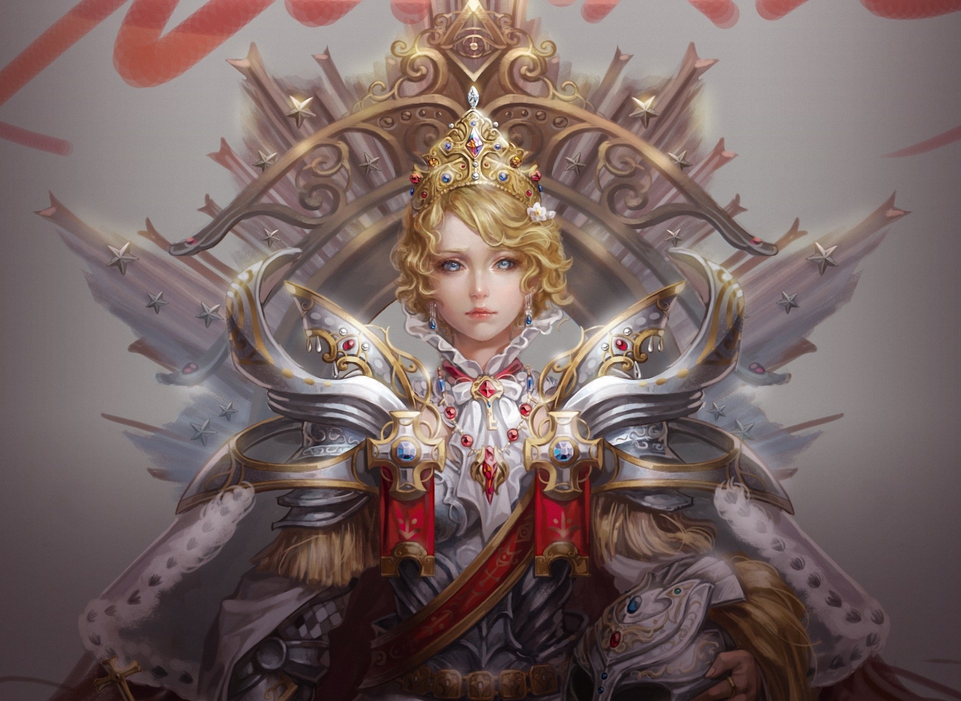 Download Armor Short Hair Blue Eyes Blonde Crown Fantasy Woman HD Wallpaper