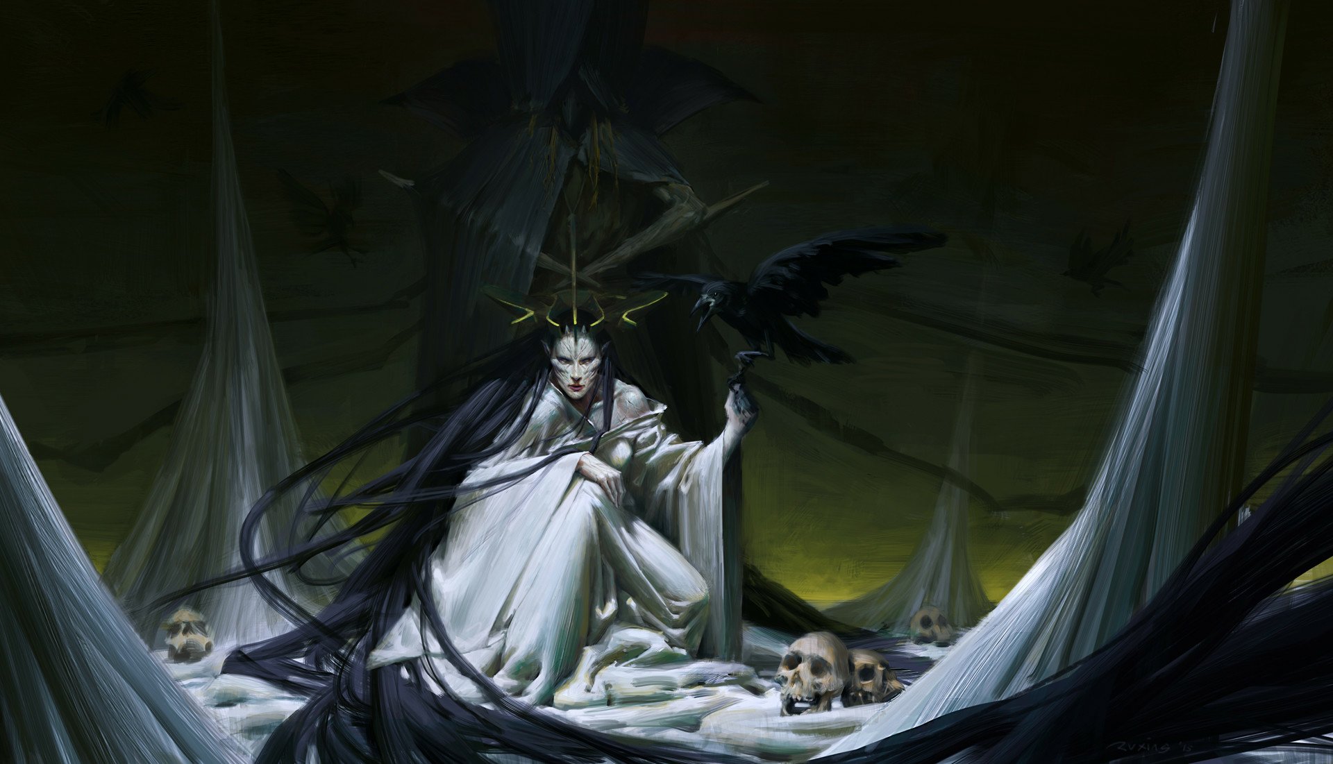 Dark Elf Queen with Crow and Skull | Fantasy HD Wallpaper by Ruxing Gao
