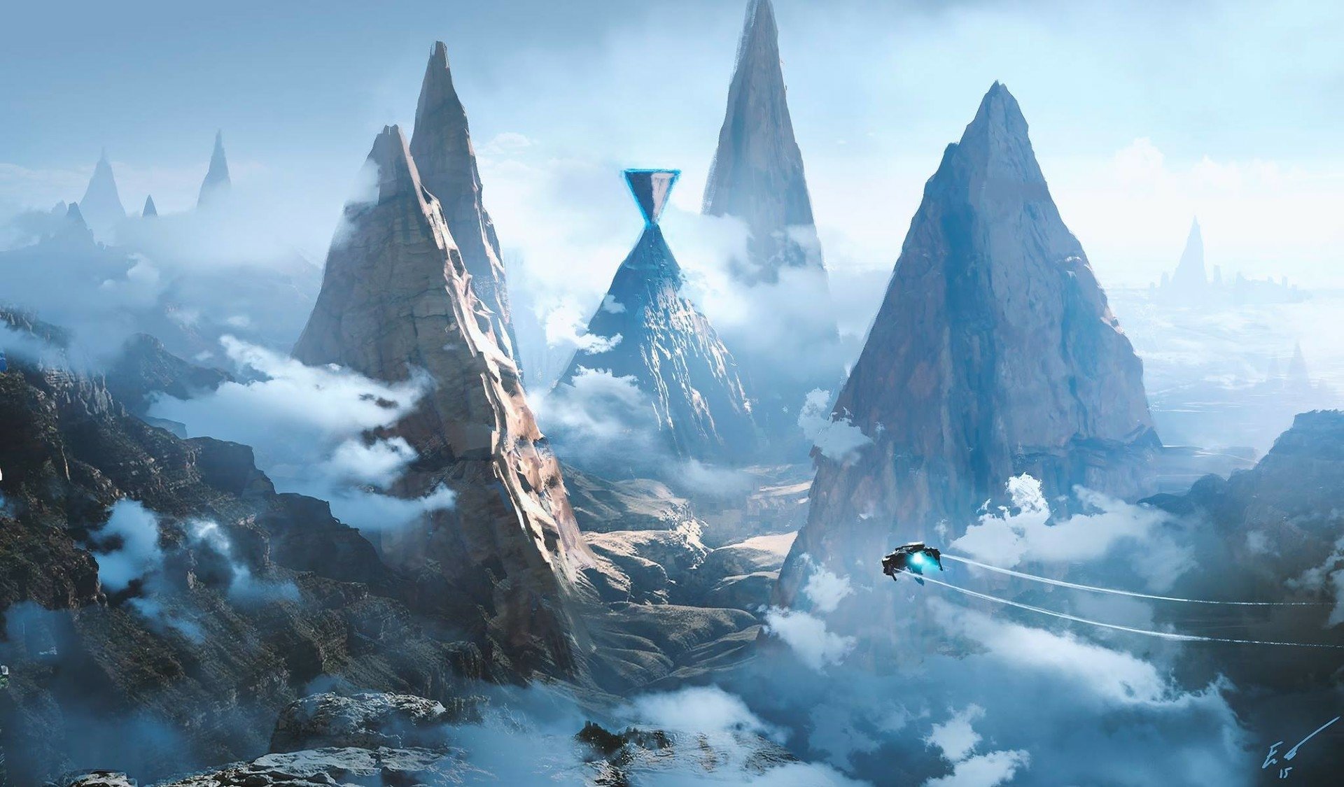 HD Sci-Fi Landscape: A Vehicle in the Clouds Above Majestic Mountains by Espen Olsen Sætervik