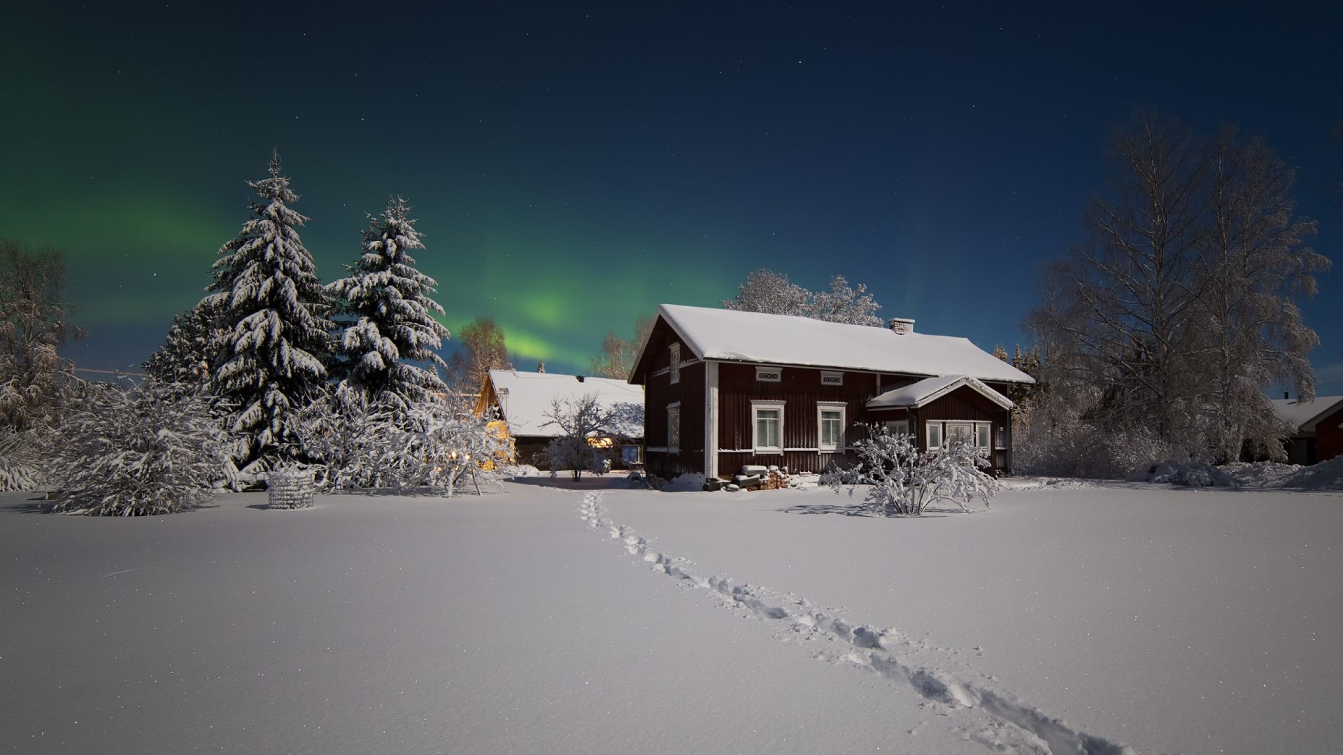 Download Aurora Borealis Light Sky Snow Winter Man Made House HD Wallpaper