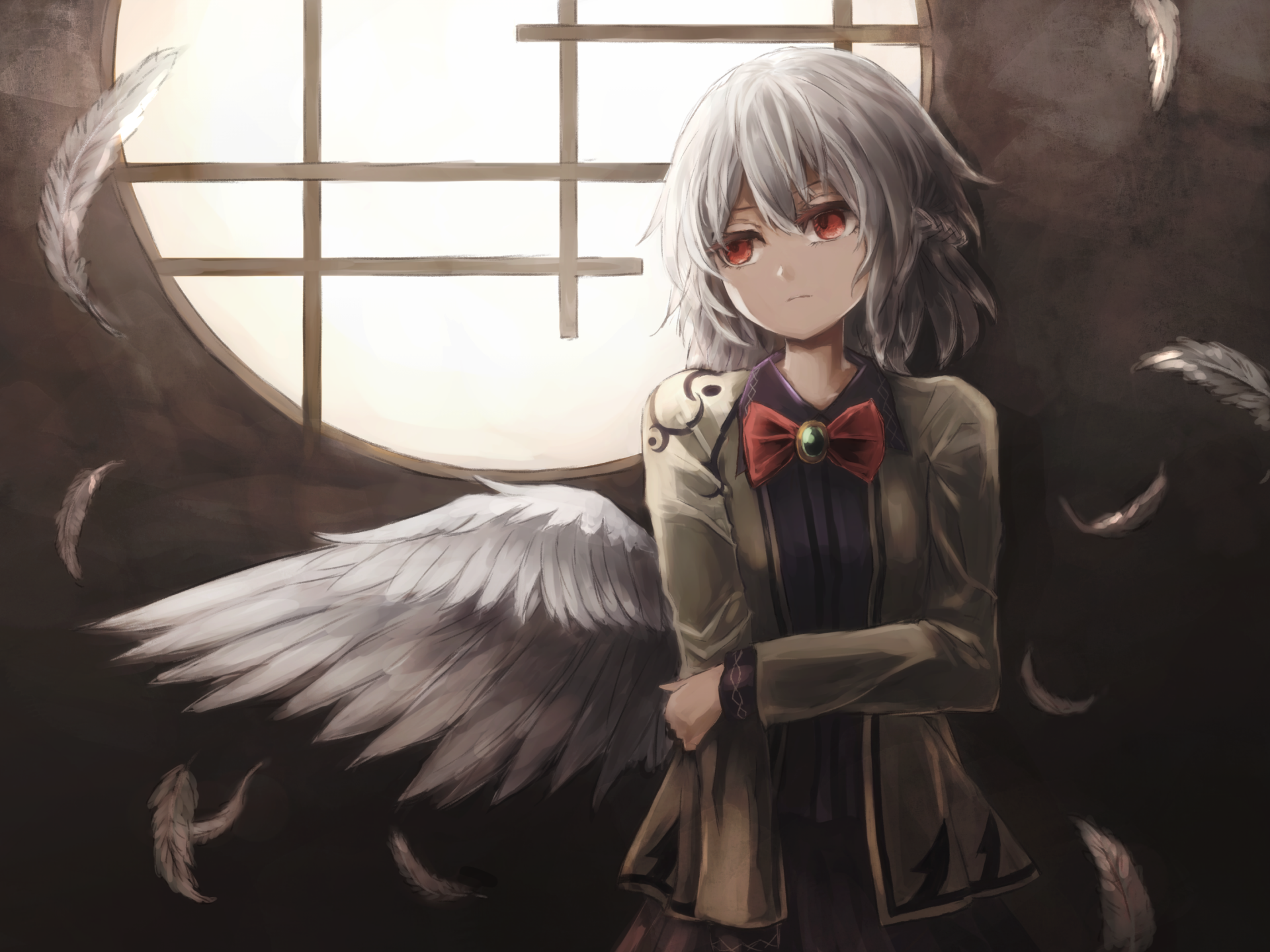 Download Bow Clothing Feather Wings Red Eyes White Hair Short Hair Sagume Kishin Anime Touhou