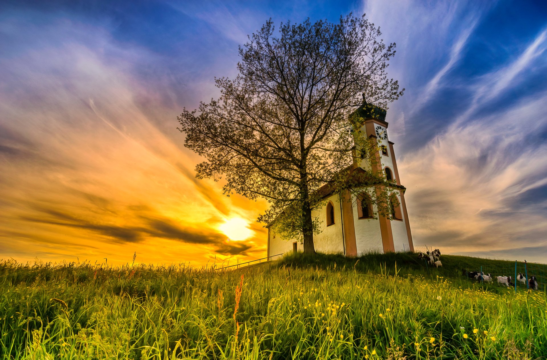 Download Tree Sunset Field Hill Man Made Religious Church HD Wallpaper