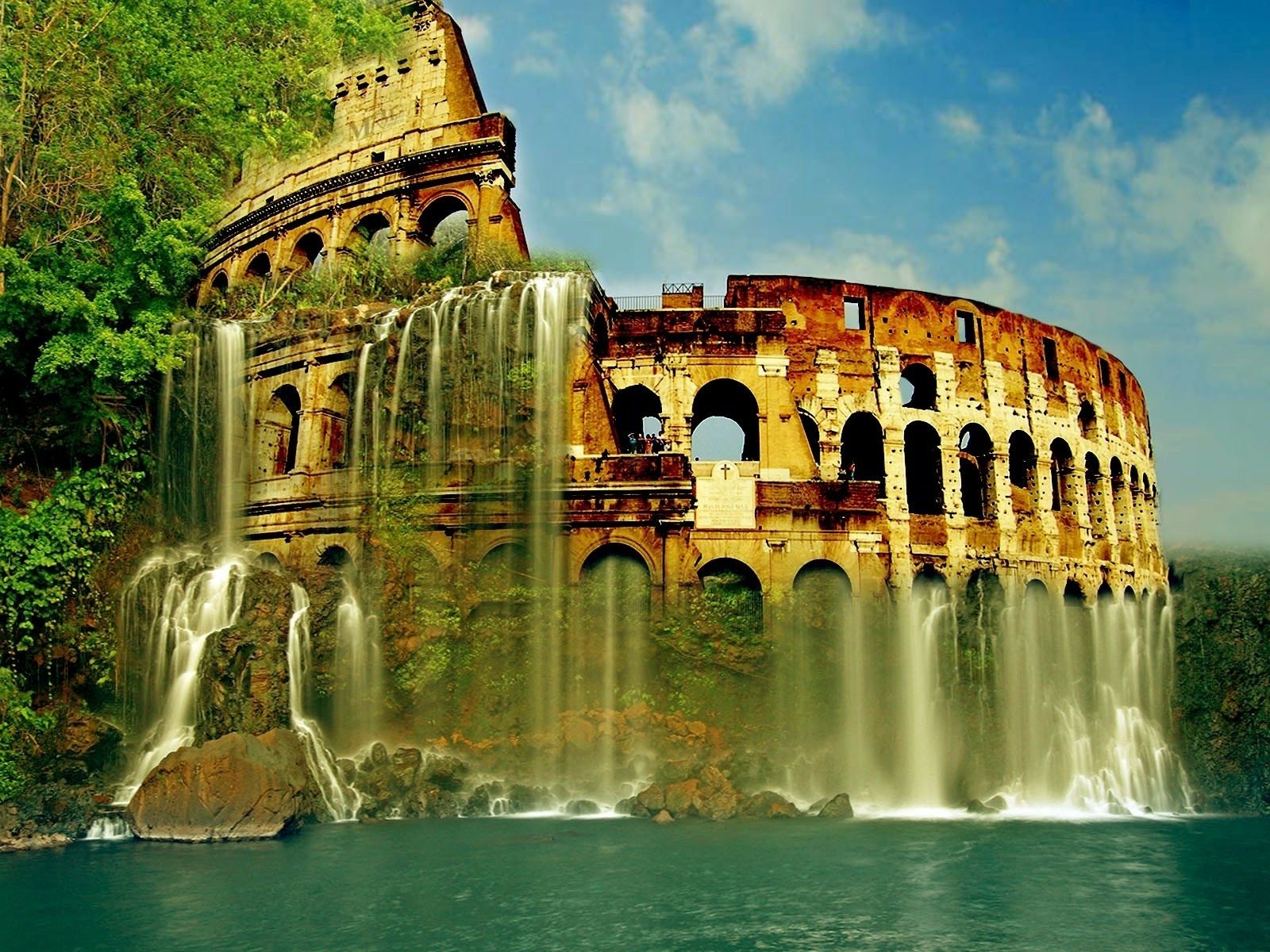 Download Ocean Waterfall Ruin Colosseum Artistic Fantasy Wallpaper