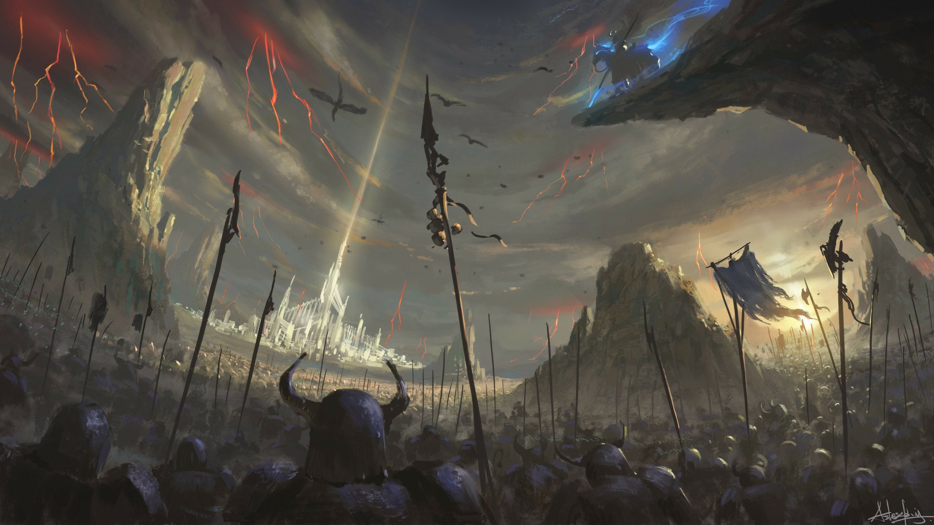 Epic Fantasy Battle: A Stunning HD Wallpaper of Knights and Cities