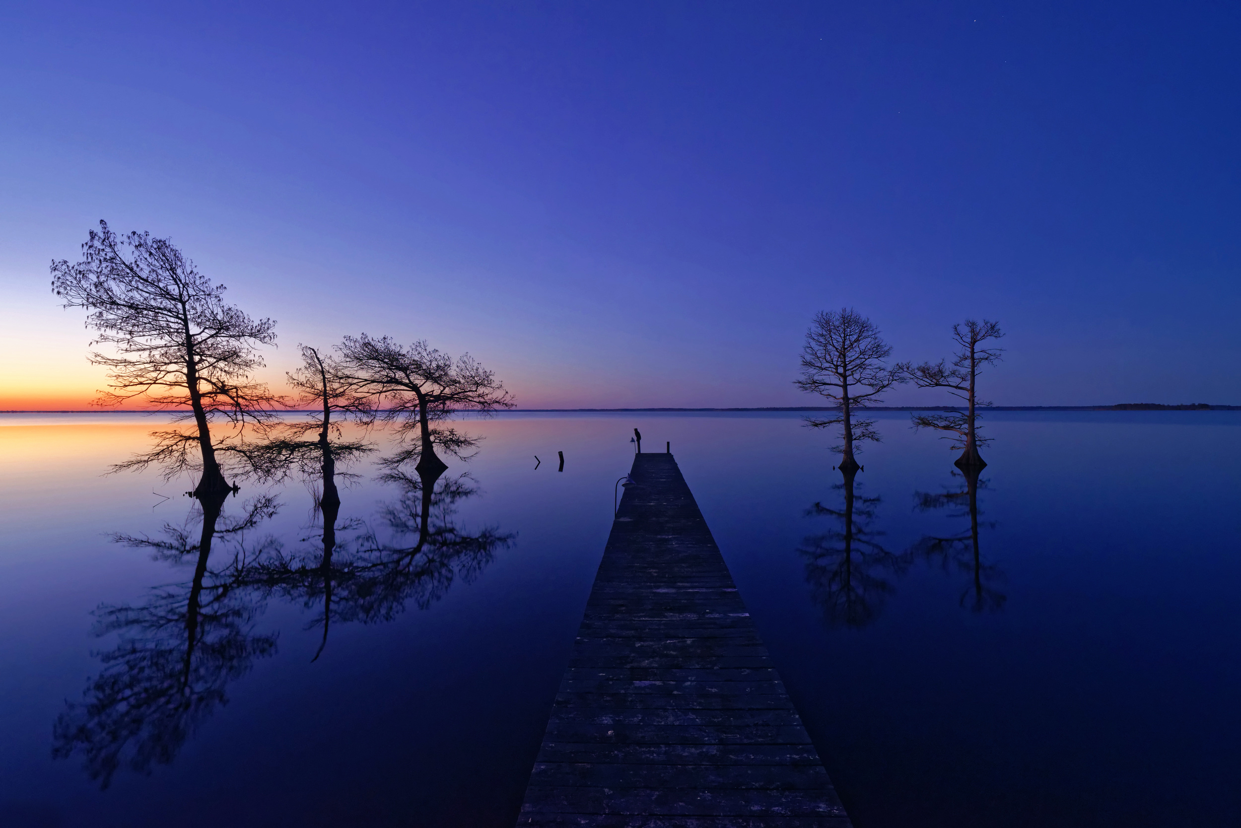 Serene Lakeside Horizon: Pier and Tree Reflections HD Wallpaper