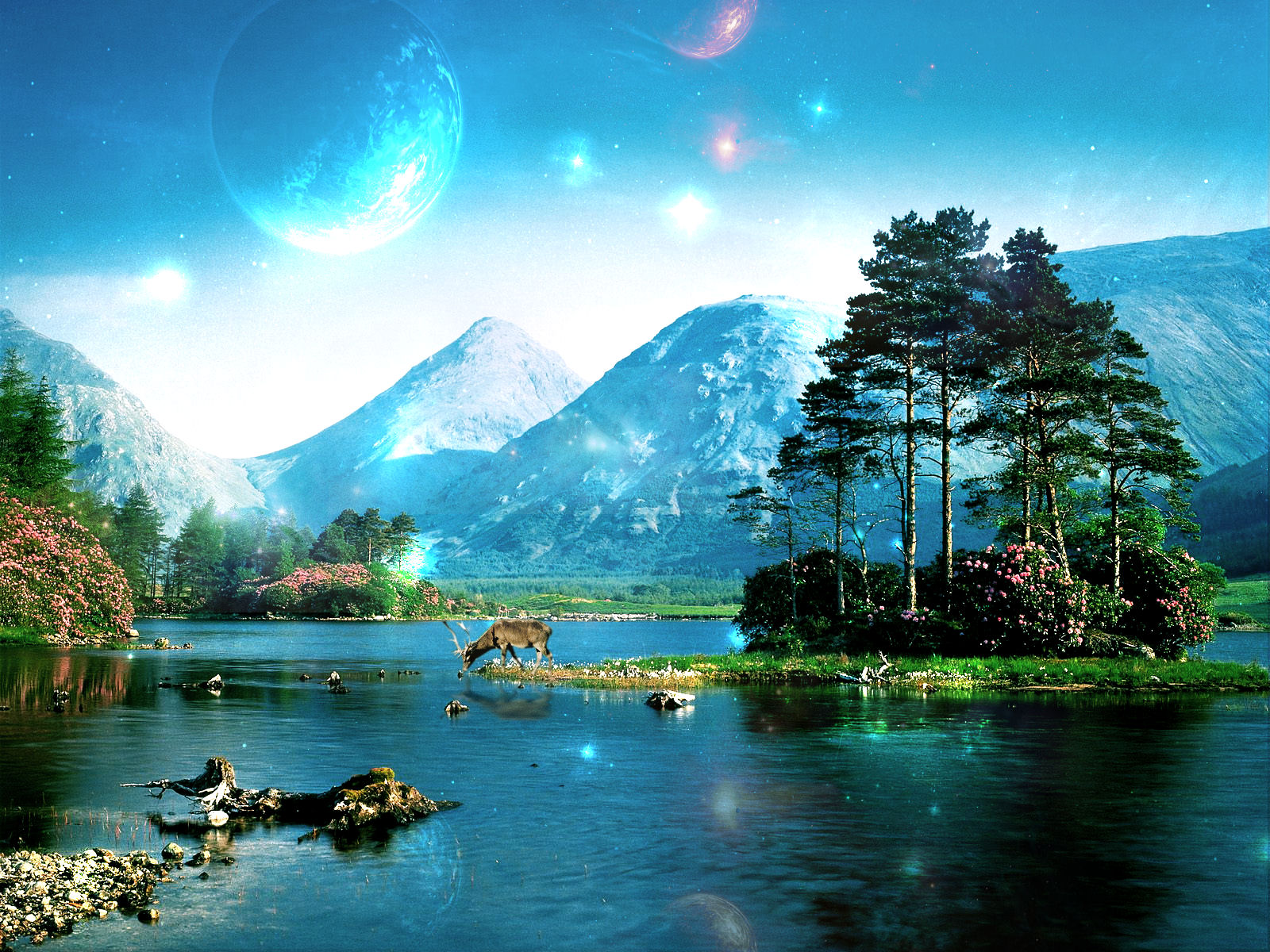 Download Planet Deer Tree Lake Mountain Artistic Fantasy Wallpaper