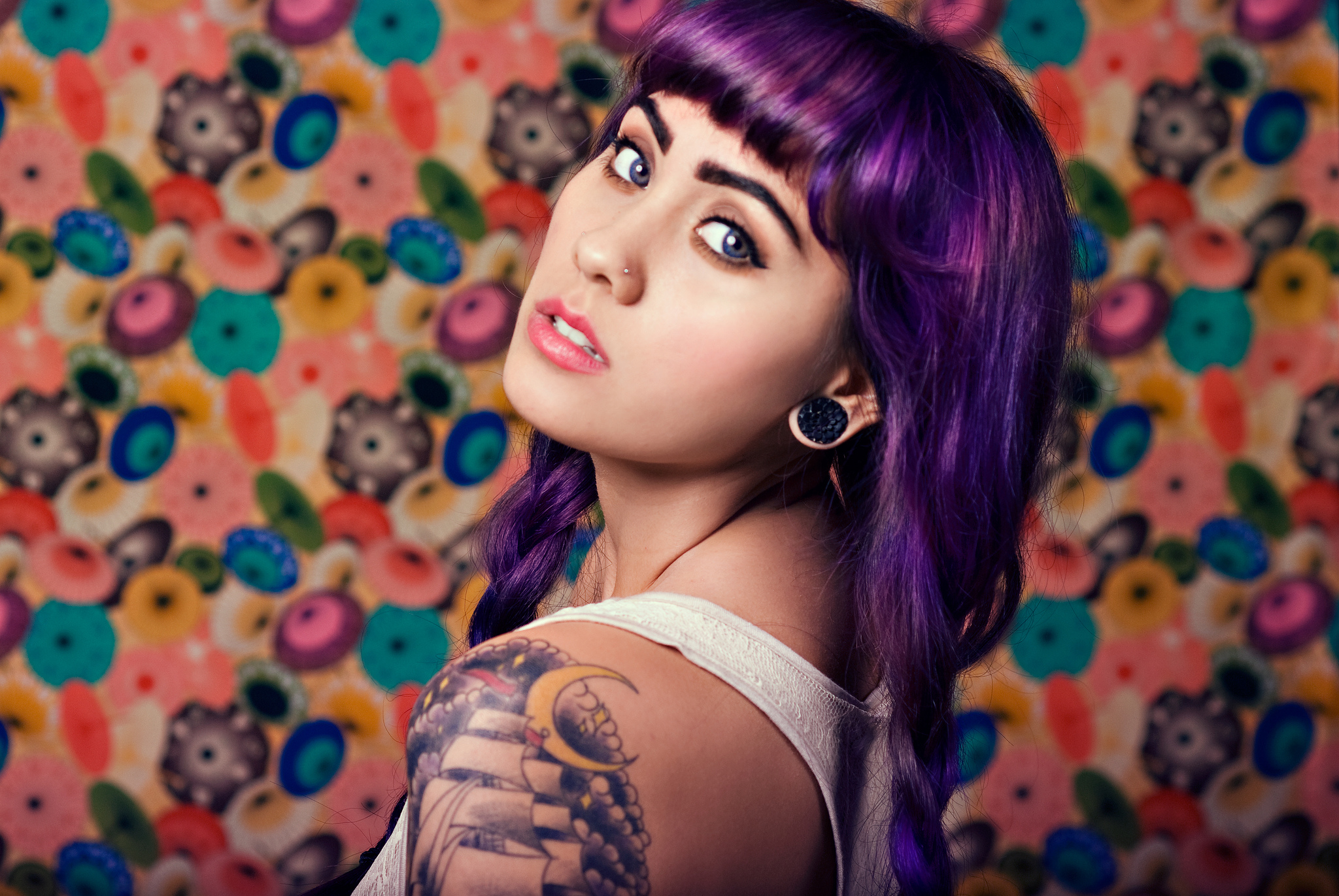 Download Tattoo Lipstick Face Blue Eyes Purple Hair Woman Model HD ...