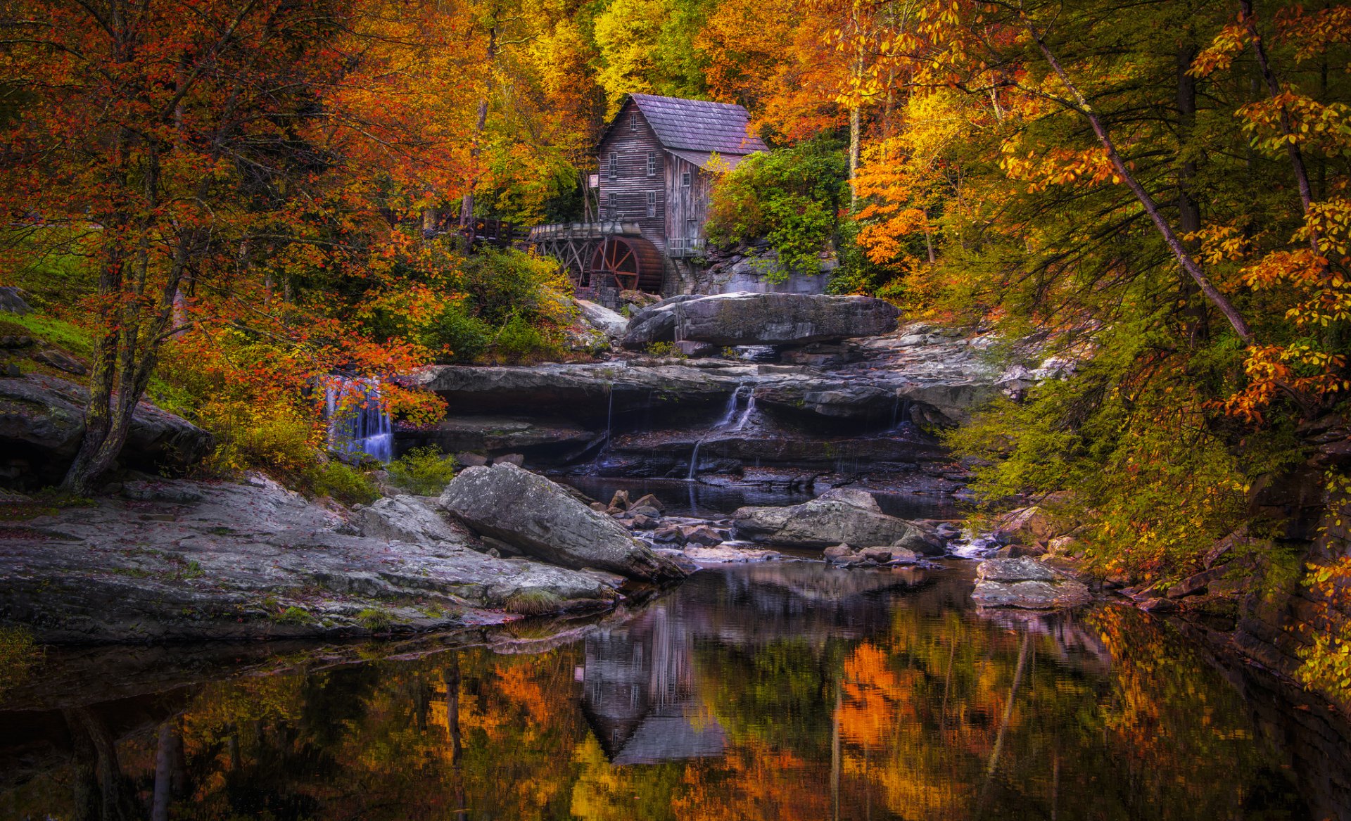 Autumn Watermill Serenity: Reflecting Fall by the Waterfall Pond HD ...