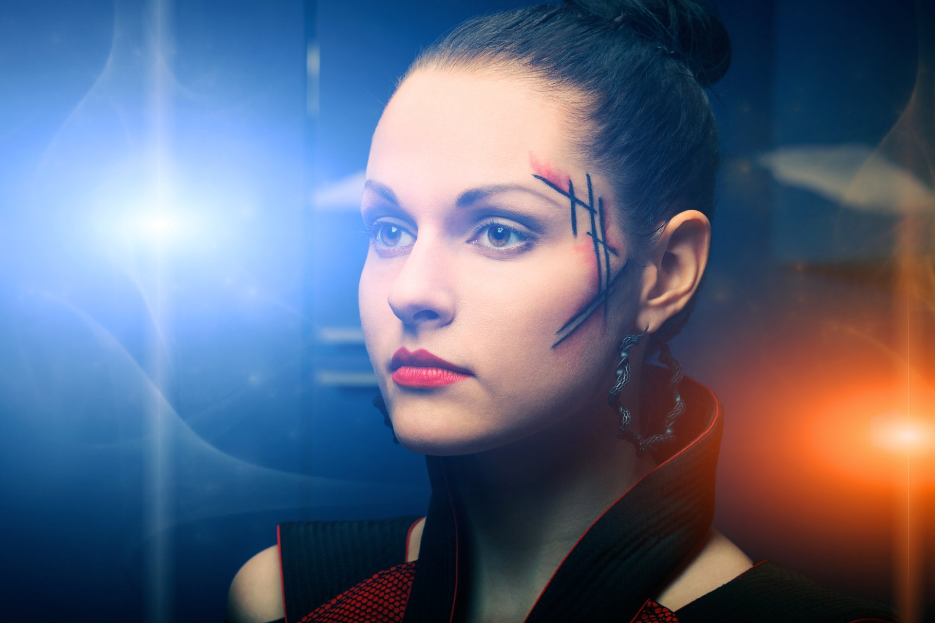 4K Ultra HD Cosplay Portrait: Futuristic Woman in Neon Glow
