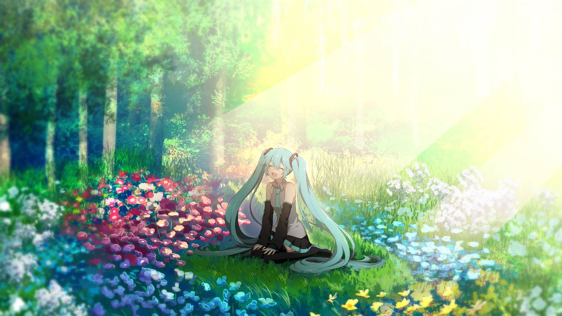 Hatsune Miku: Enchanting HD Wallpaper in a Floral Paradise by 松田トキ
