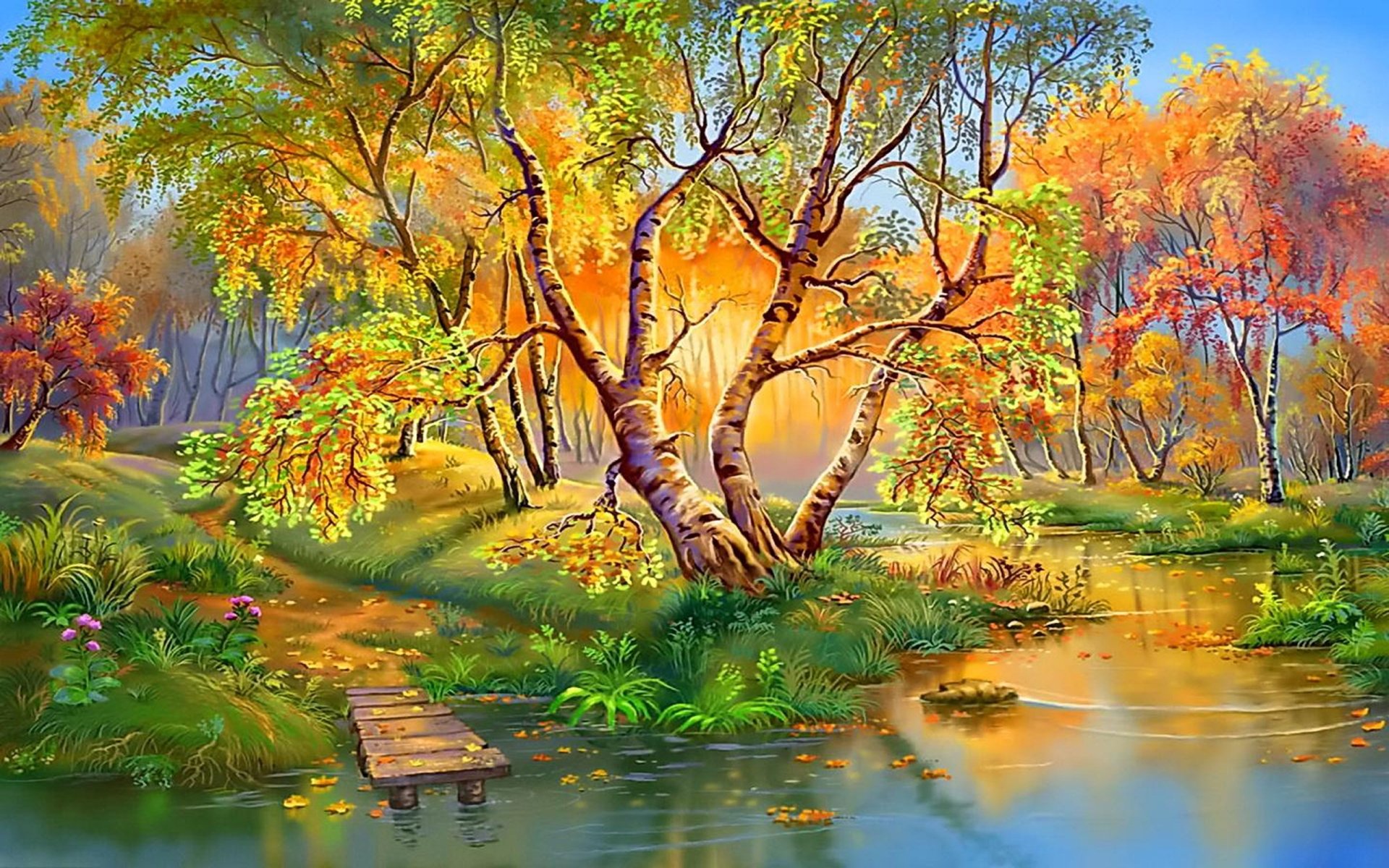 Download Lake Tree Fall Artistic Painting HD Wallpaper