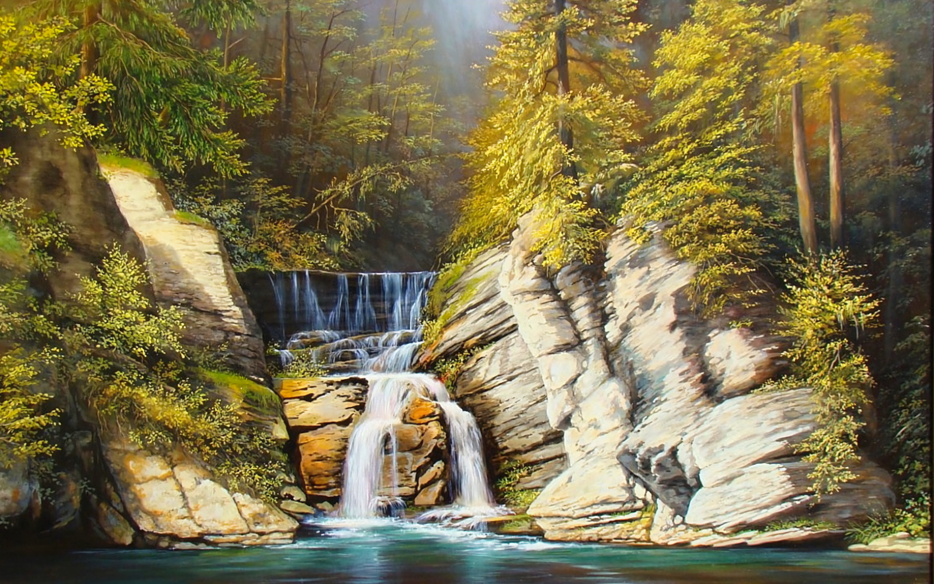 Download Fall Forest Waterfall Artistic Painting HD Wallpaper by Oleg ...