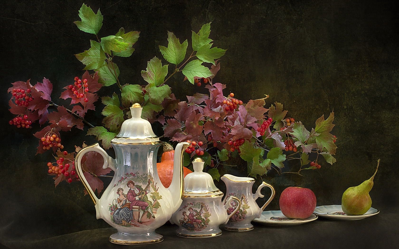 Download Apple Pear Berry Leaf Pitcher Photography Still Life Wallpaper