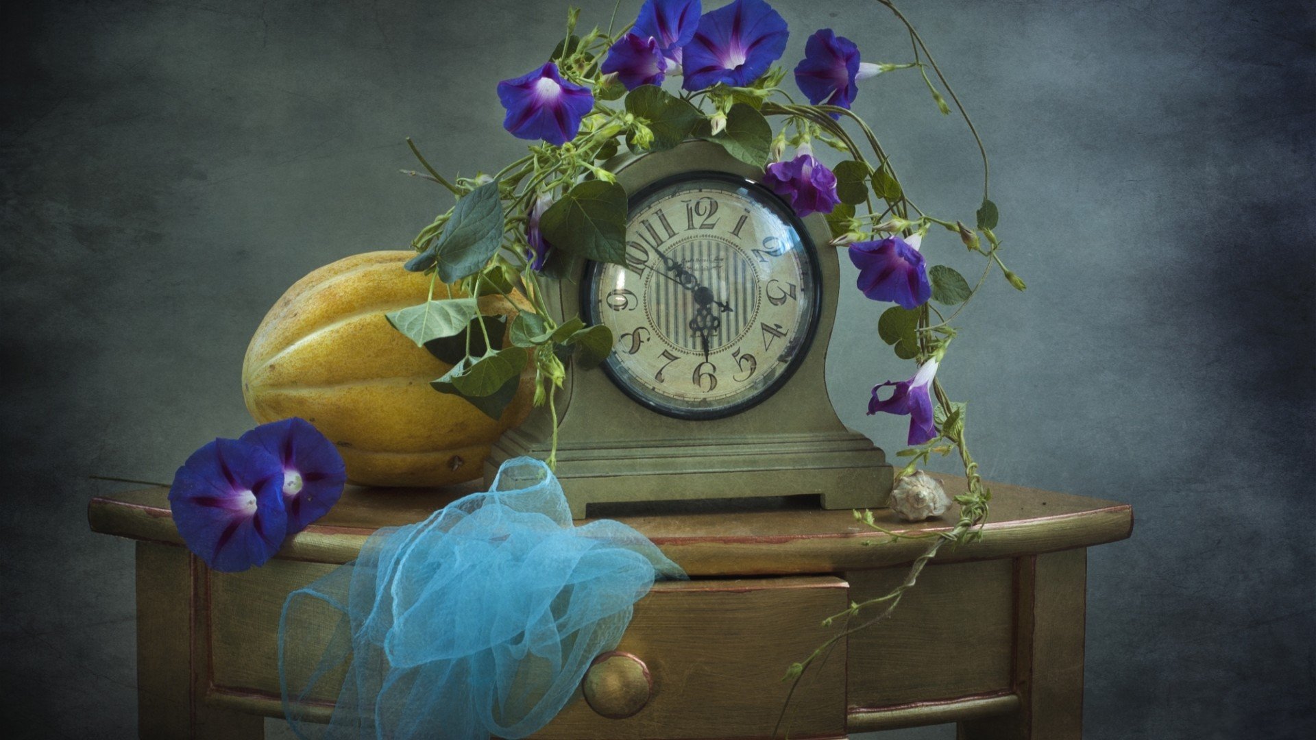 Timeless Harvest: Still Life with Gourd, Vine, and Clock in HD