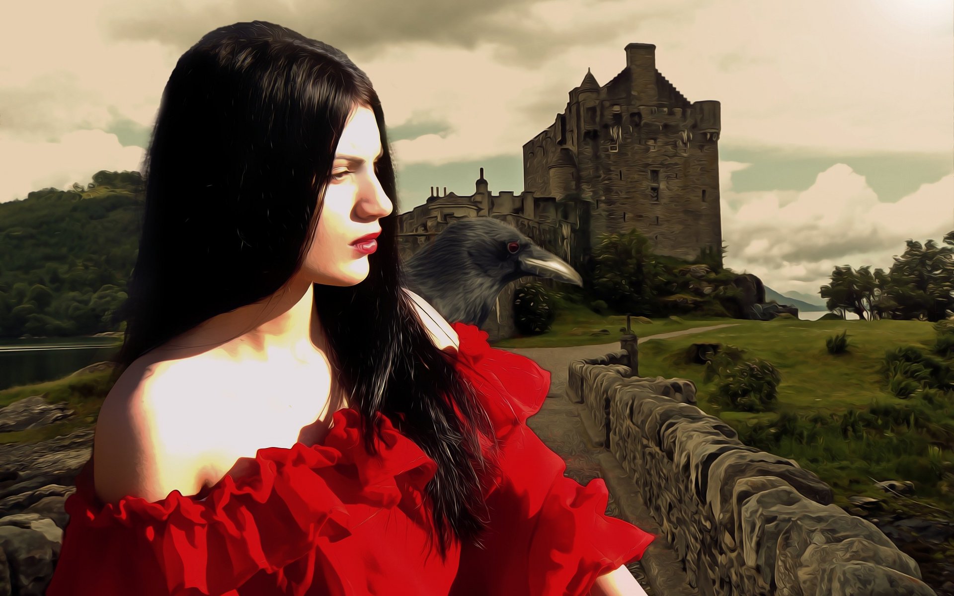 Download Red Dress Brunette Castle Bird Crow Gothic Fantasy Woman HD ...