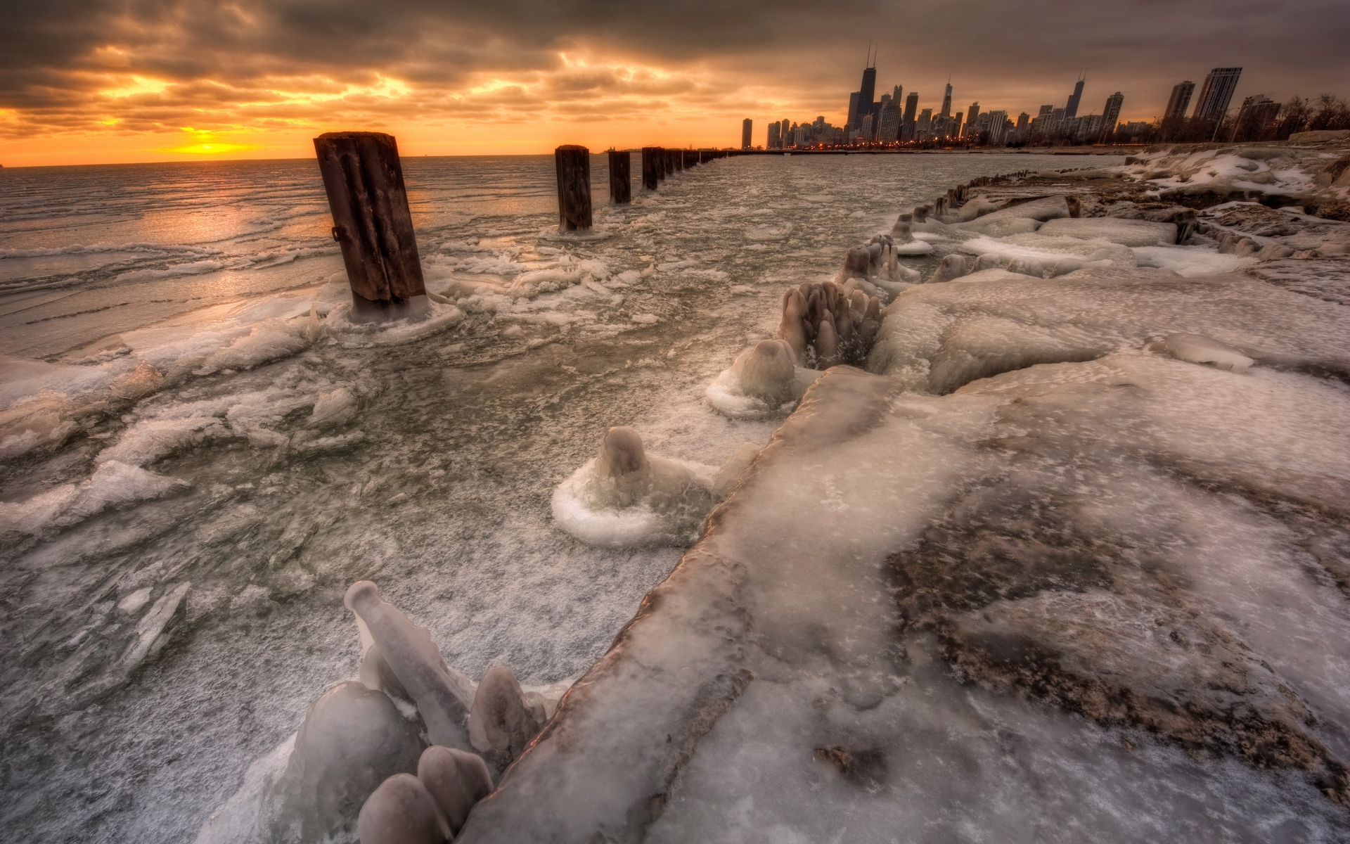 Download Sunset Frozen Lake Winter Man Made Chicago HD Wallpaper