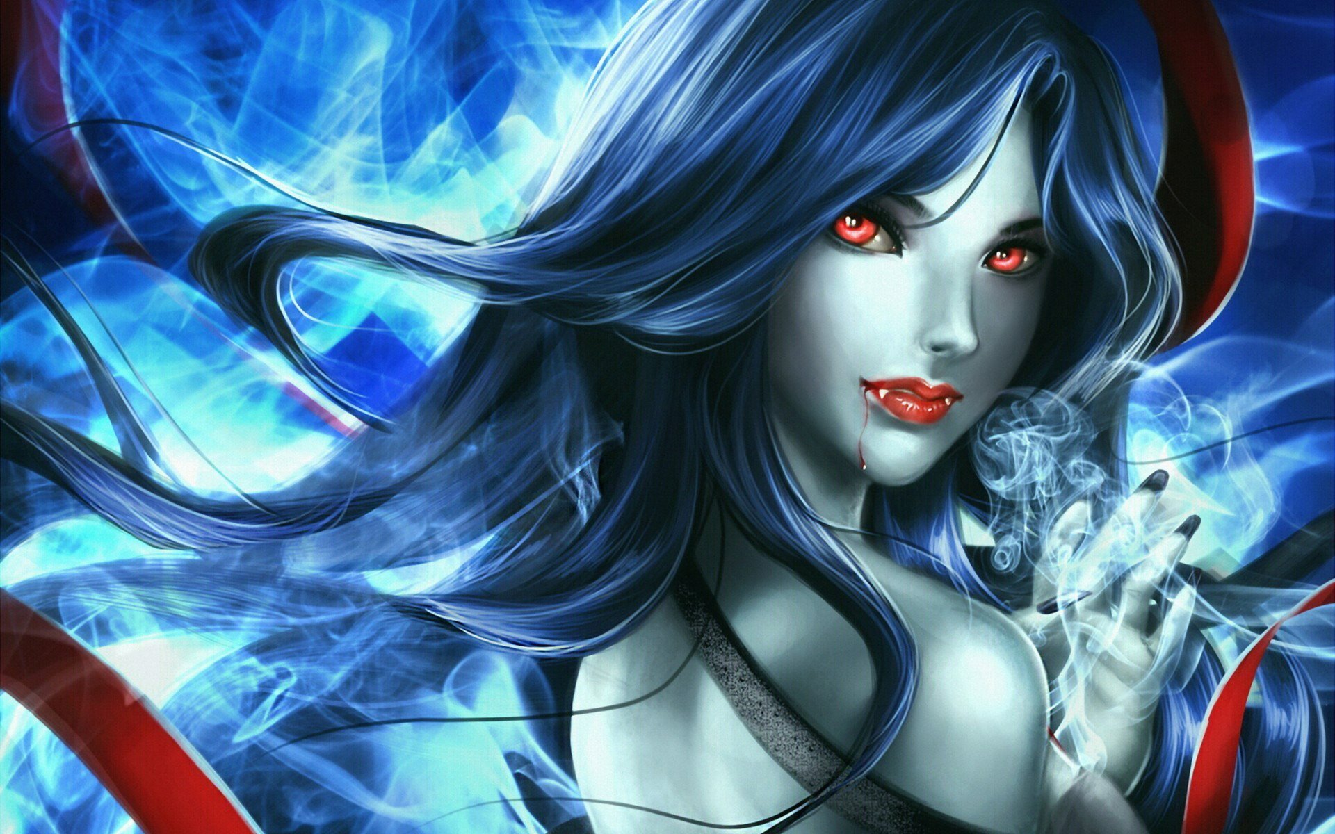 Download Blue Hair Red Eyes Blood Fantasy Vampire HD Wallpaper