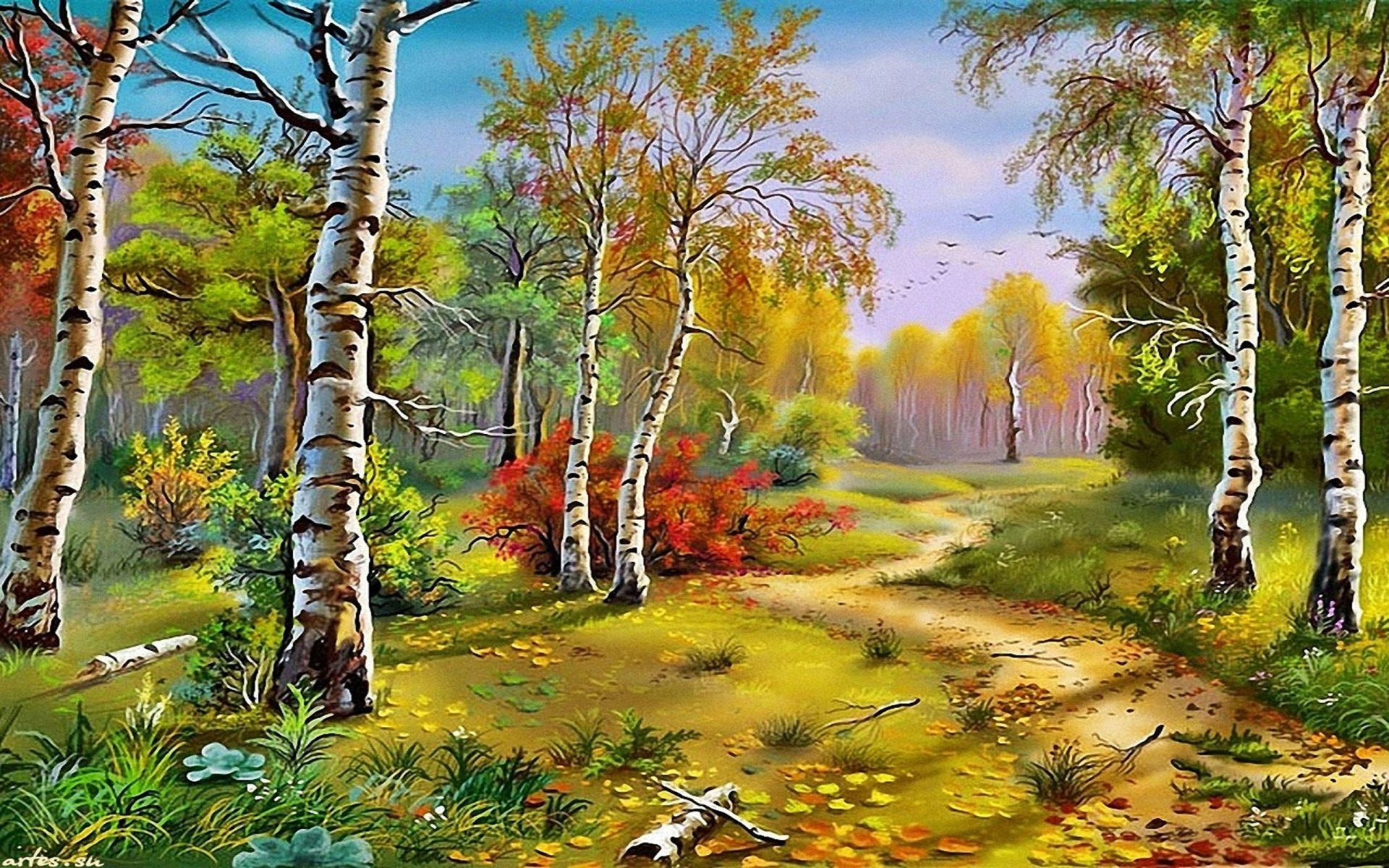 Golden Birch Trail: Artistic Forest in Fall HD Wallpaper