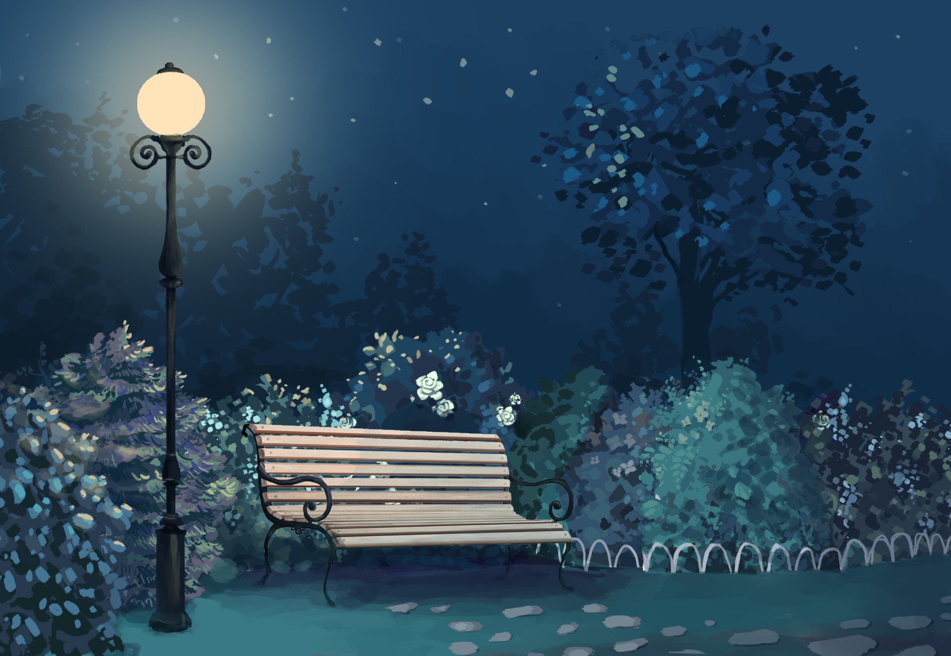 Artistic Night in the Park: Serene Bench under the Glow by Camille Fourcade