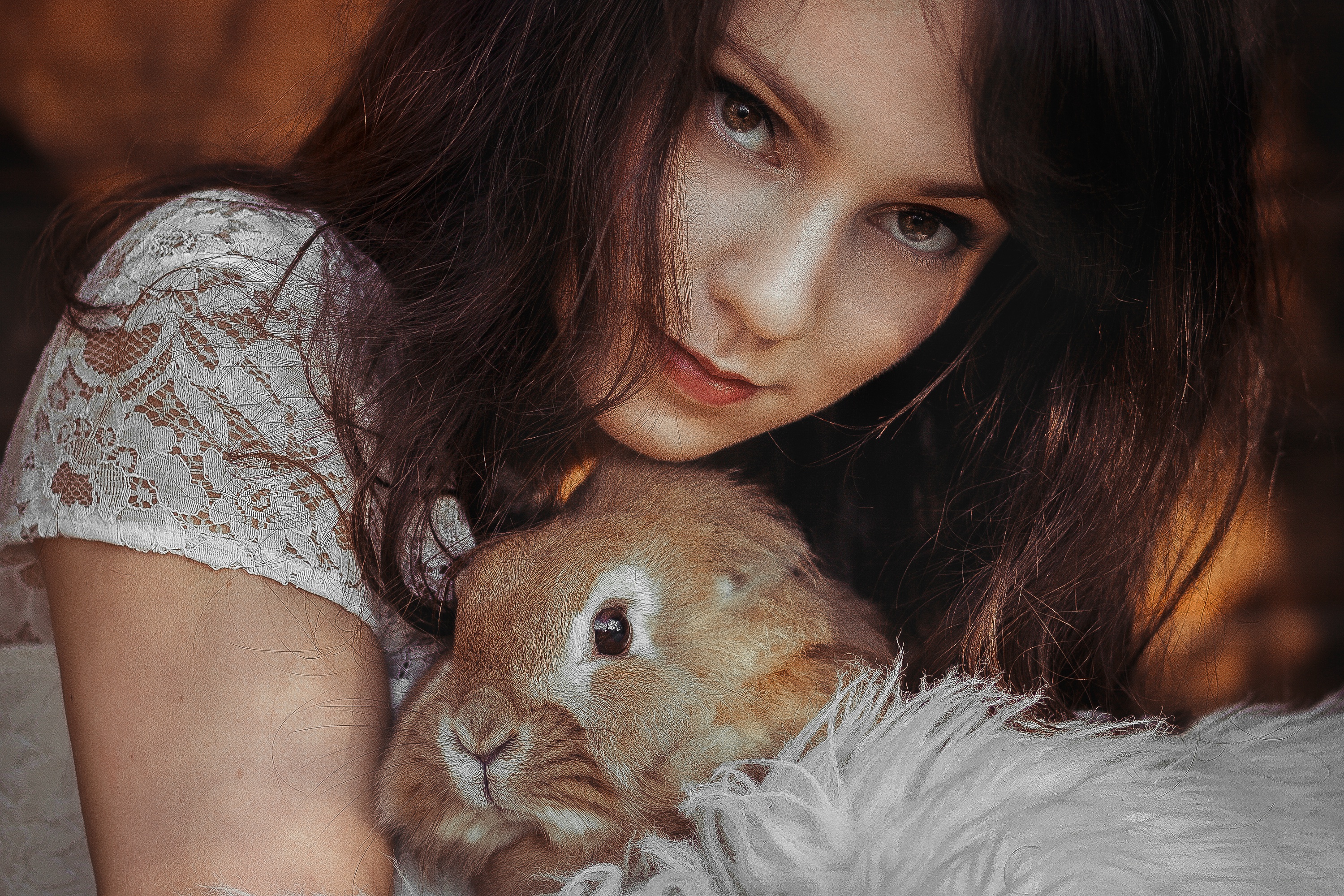 Download Brown Eyes Brunette Rabbit Woman Model HD Wallpaper