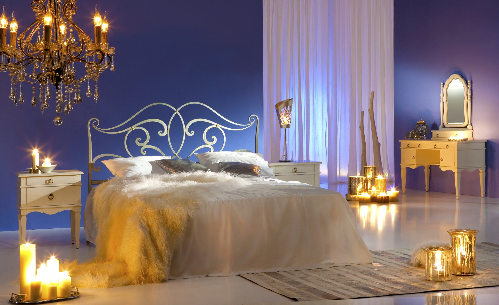 Elegant Bedroom Glow: 4K Ultra HD chandelier and cozy lighting ambiance