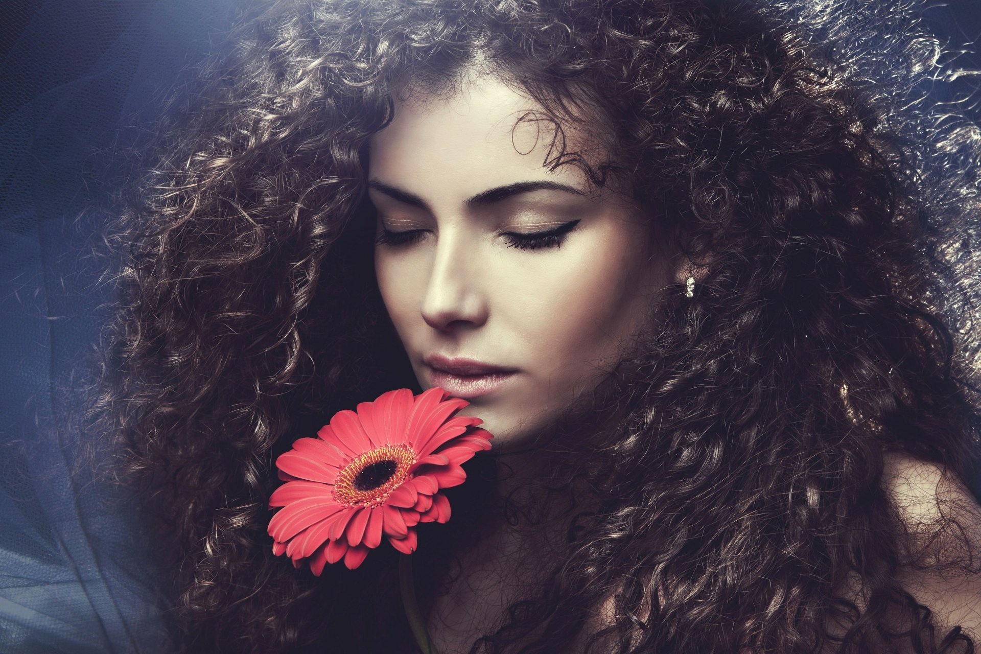 Download Brunette Curl Face Gerbera Flower Woman Mood HD Wallpaper ...