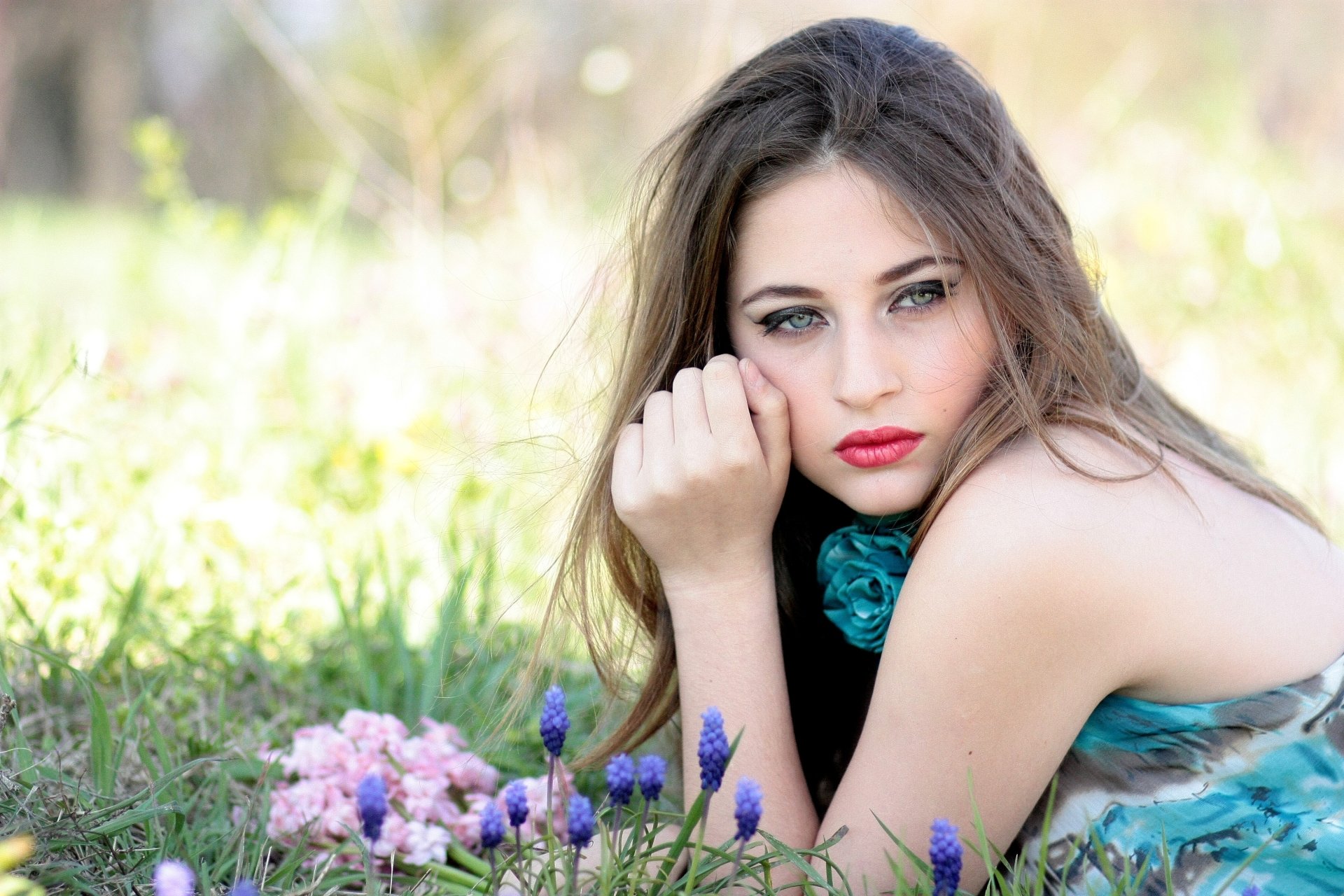 Download Lipstick Lying Down Depth Of Field Blue Eyes Brunette Woman ...