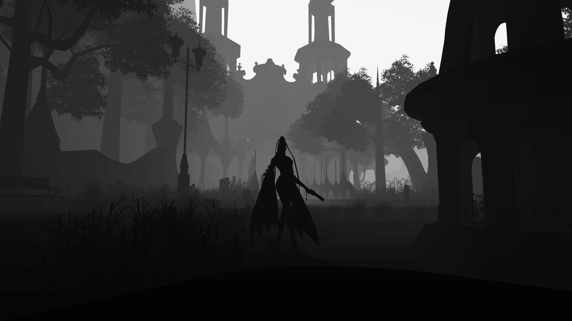 Bayonetta Silhouette: 4K Ultra HD Black & White Video Game Wallpaper