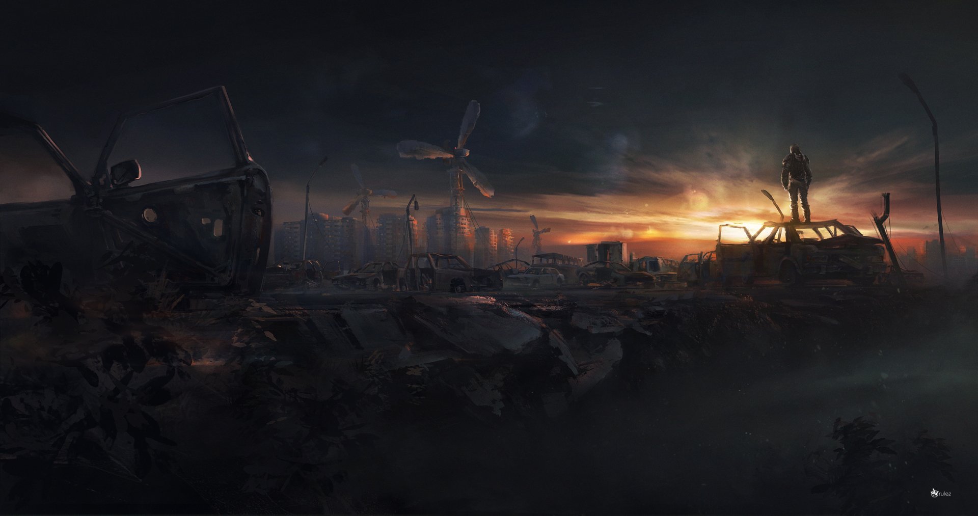 Post-Apocalyptic Windmill Sci-Fi HD Wallpaper by Dmitriy Kuzin