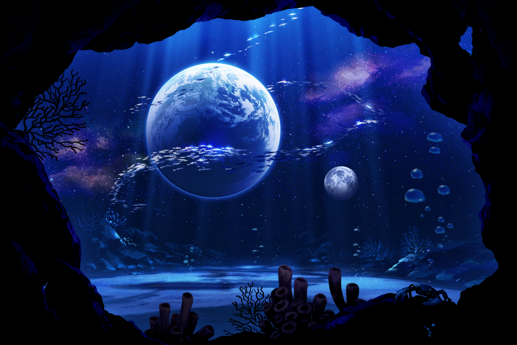 Cosmic Depths: Anime Underwater World of Stars, Moons, and Bubbles in ...