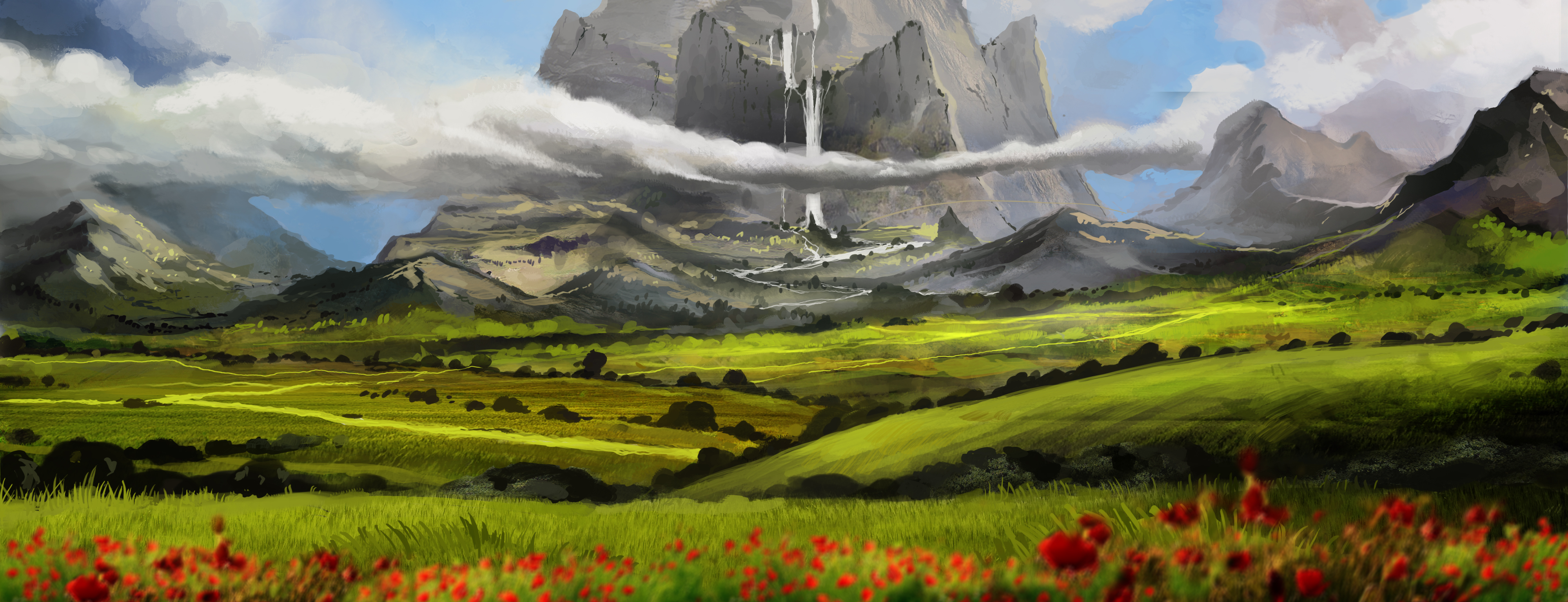 Enchanted Mountain Waterfall: A Fantasy Landscape with Poppy Fields and ...